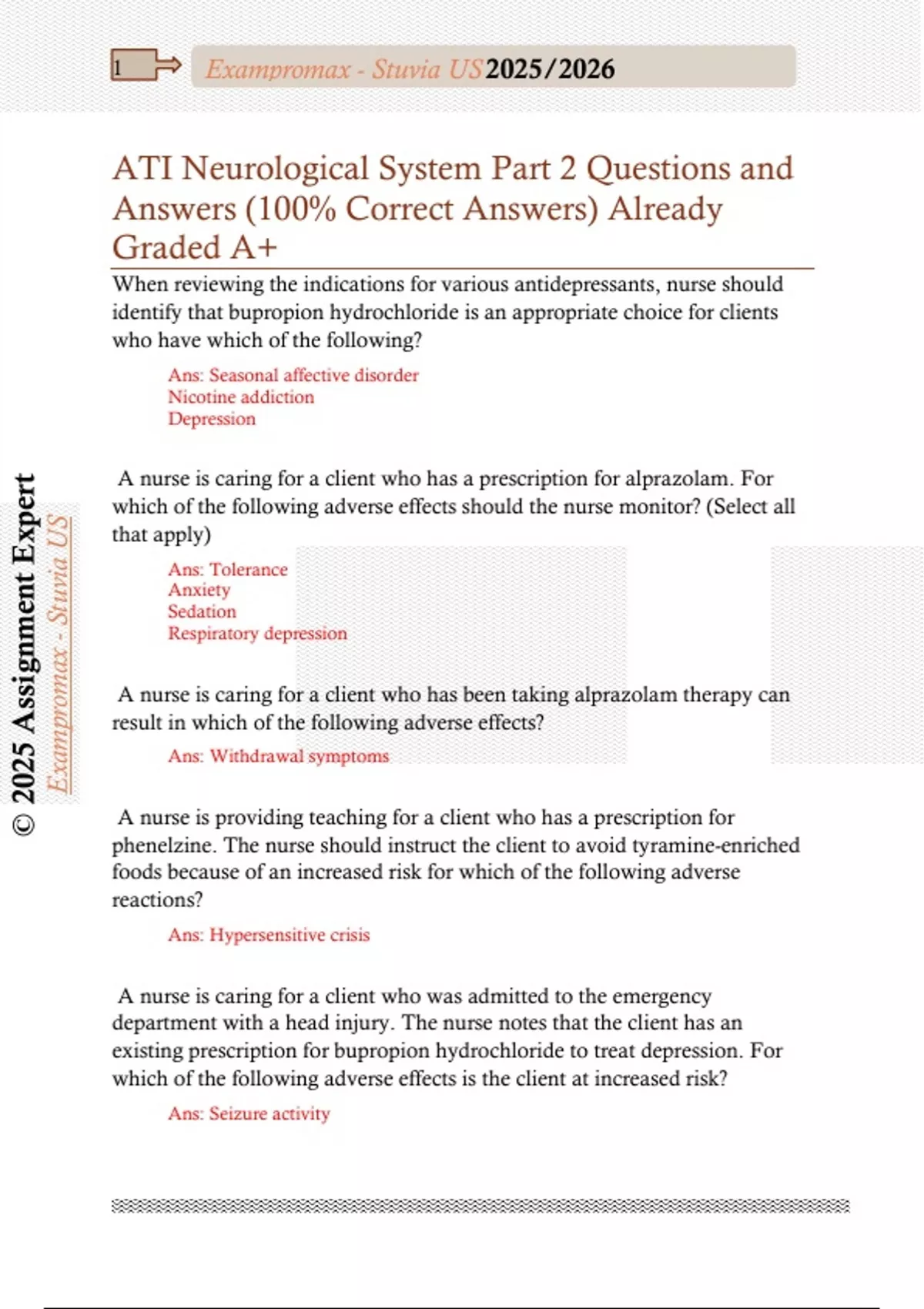 ATI Neurological System Part 2 Questions and Answers (100% Correct ...