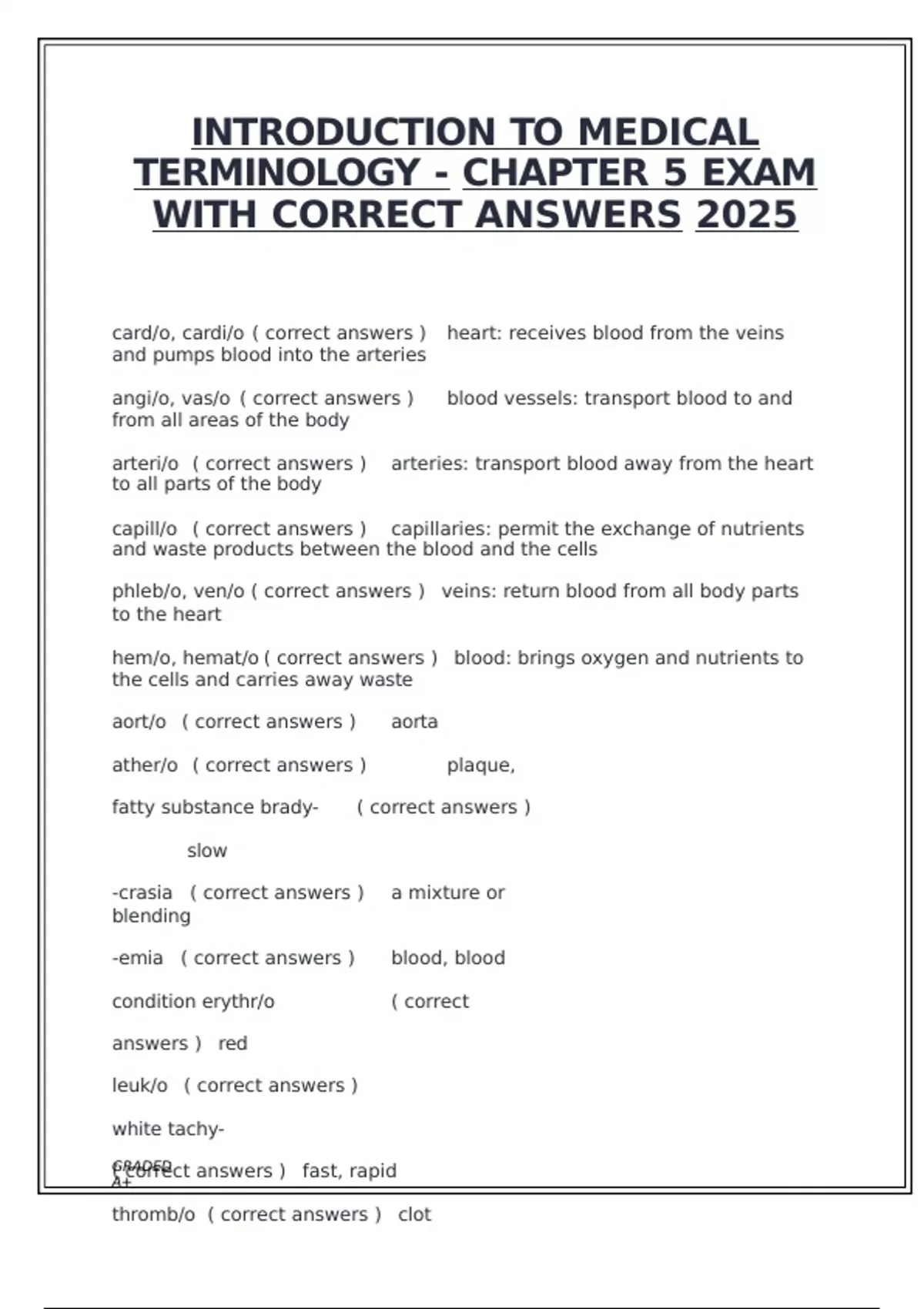 INTRODUCTION TO MEDICAL TERMINOLOGY - CHAPTER 5 EXAM WITH CORRECT ...