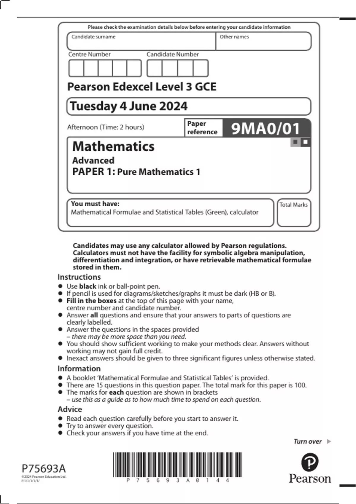 WORKED SOLUTIONS 2024 A level Edexcel Pure Mathematics Paper 1 - Pure ...