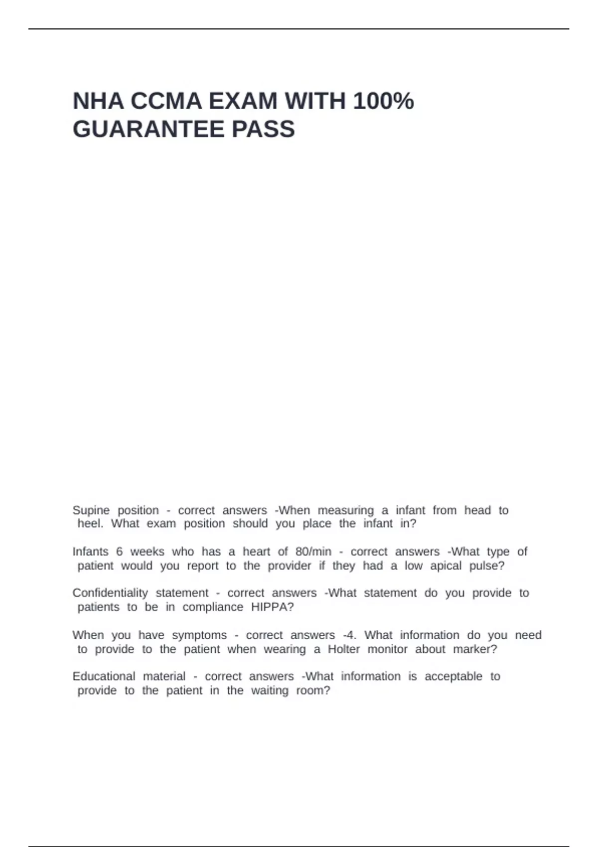 NHA CCMA EXAM WITH 100- GUARANTEE PASS - CCMA - Stuvia US