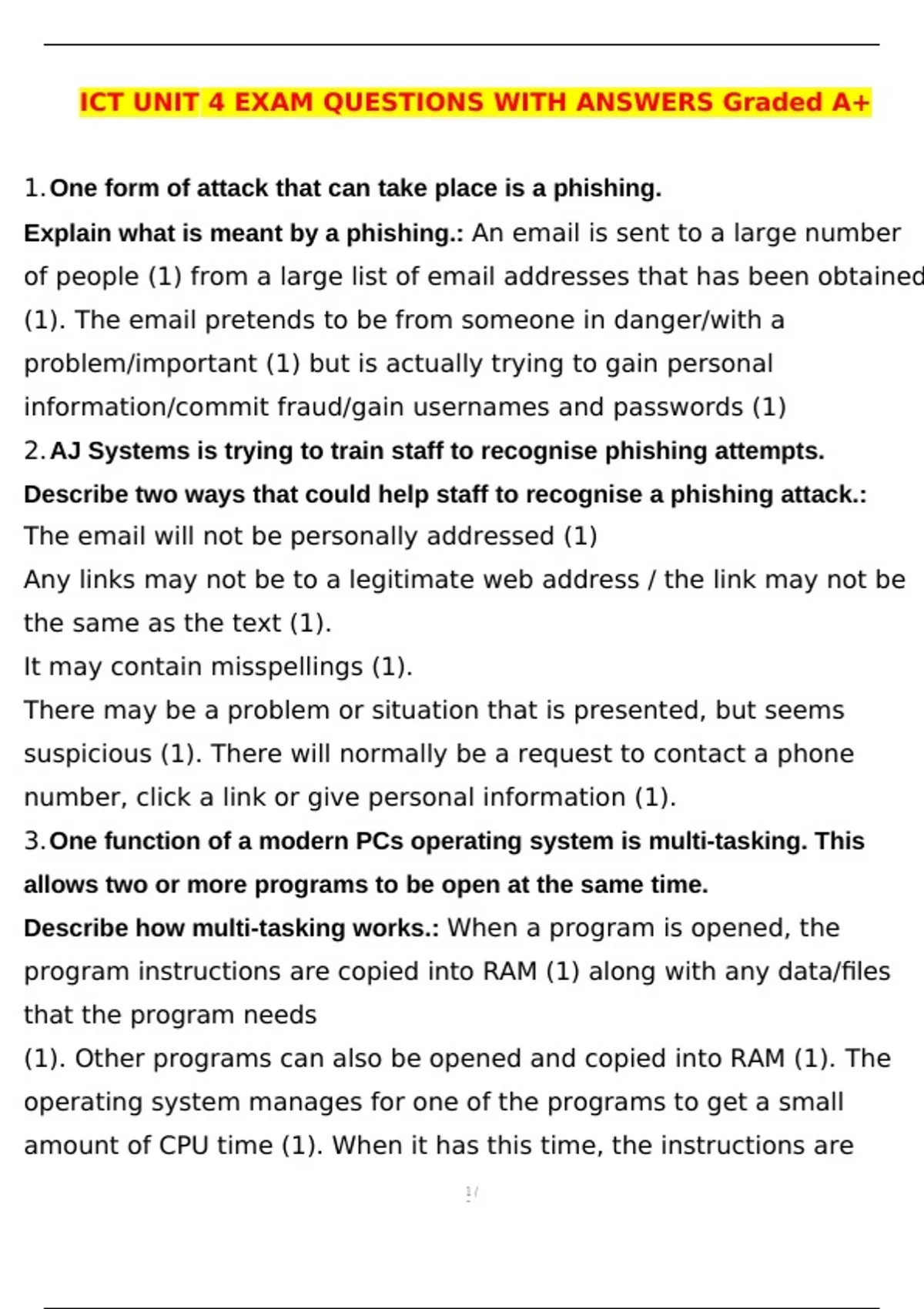 ICT UNIT 4 EXAM QUESTIONS WITH ANSWERS Graded A+ - ICT UNIT 4 EXj - Stuvia US