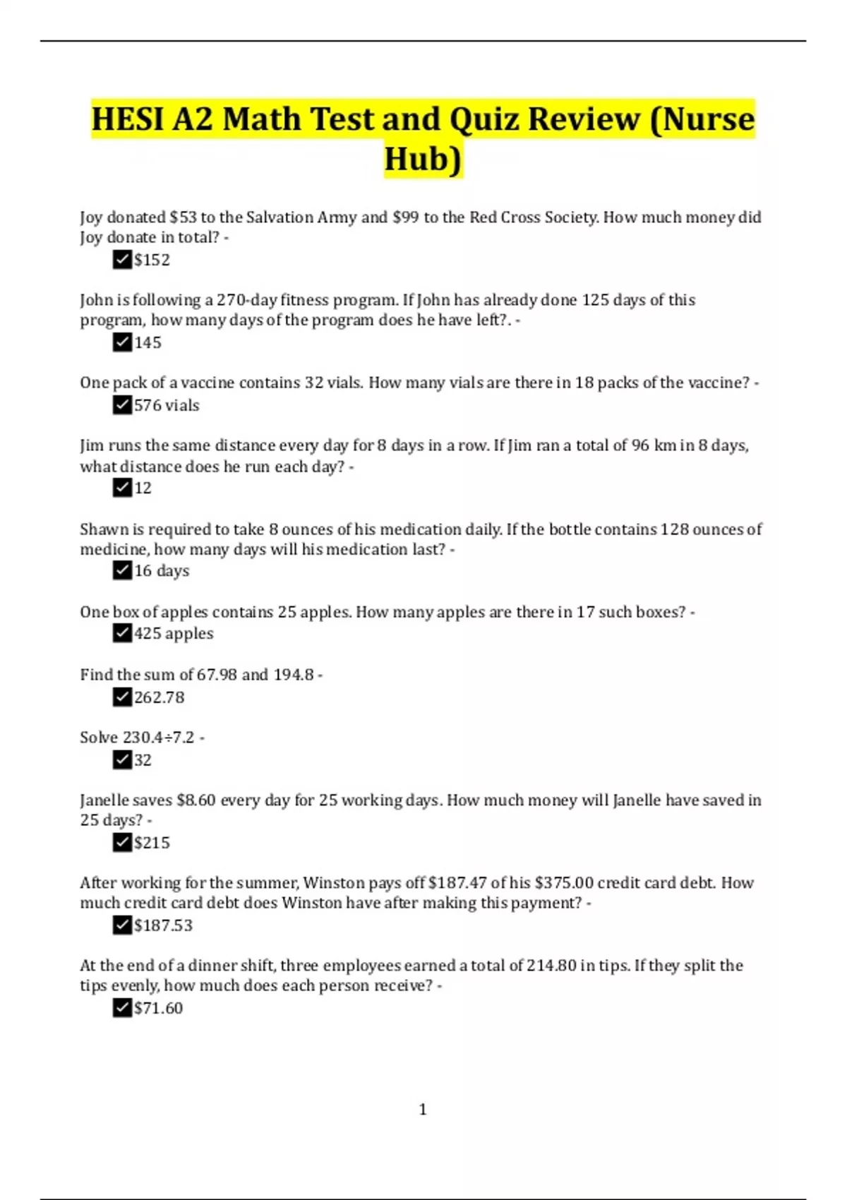 HESI A2 Math Test and Quiz Review (Nurse Hub) - Hesi A2 Math - Stuvia US