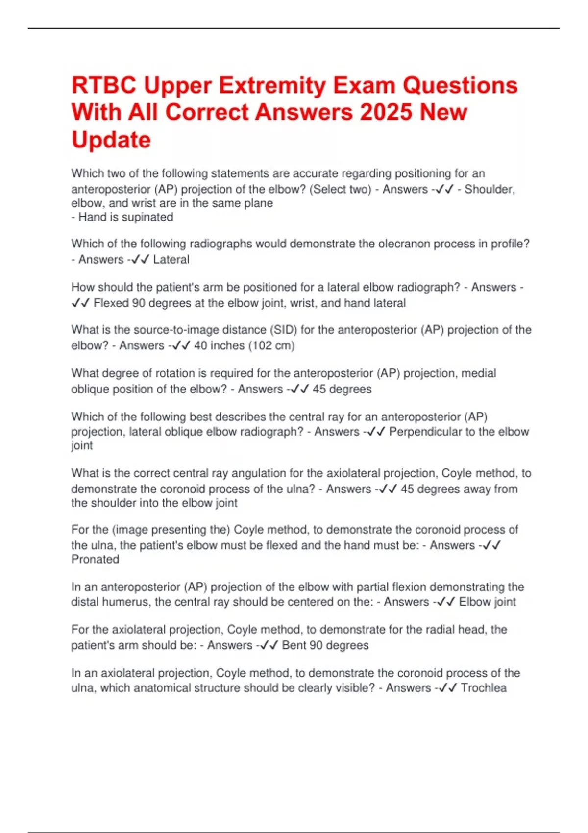 RTBC Upper Extremity Exam Questions With All Correct Answers 2025 New Update - RTBC Upper ...