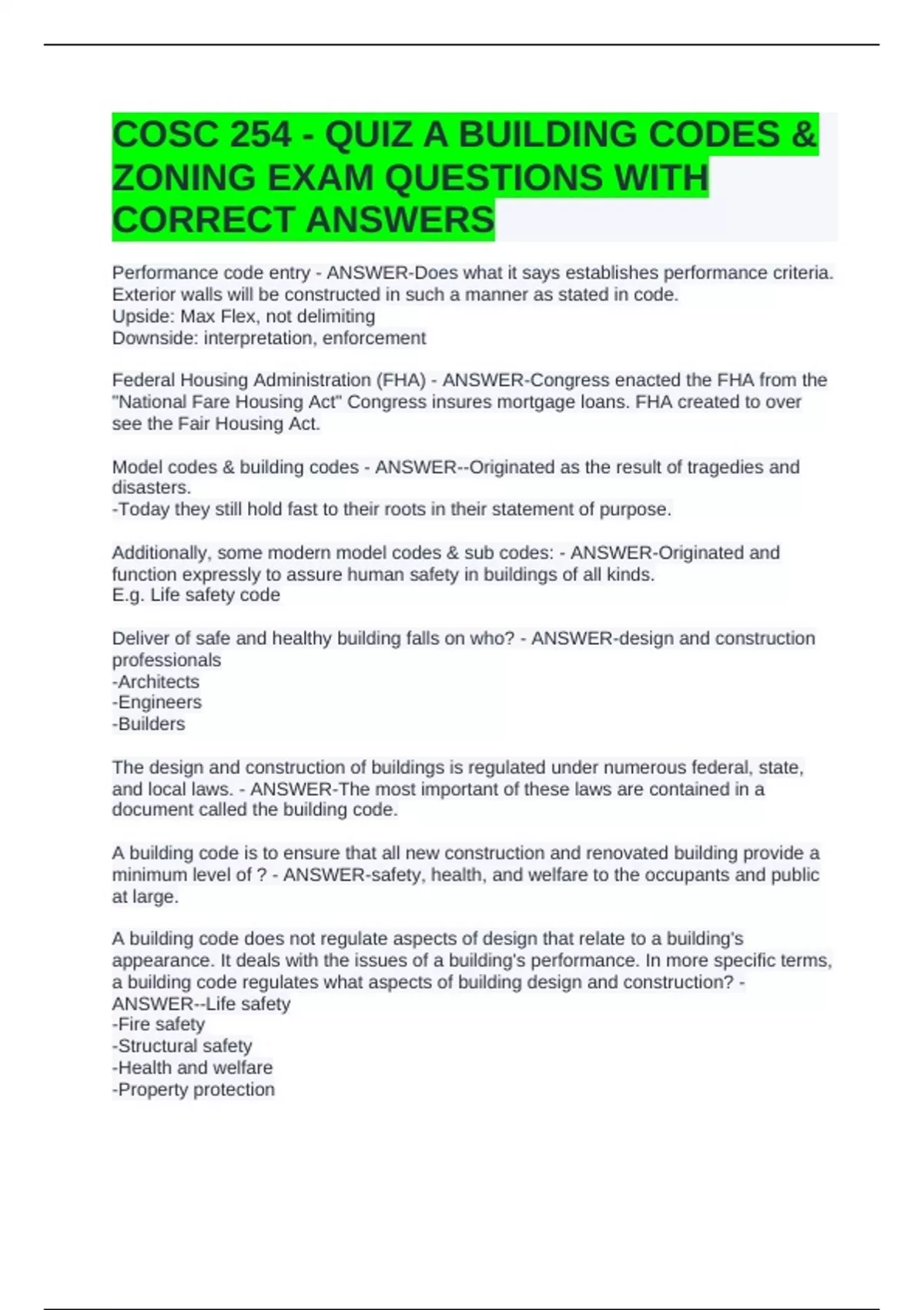 COSC 254 - QUIZ A BUILDING CODES & ZONING EXAM QUESTIONS WITH CORRECT ANSWERS - COSC 254 - A ...