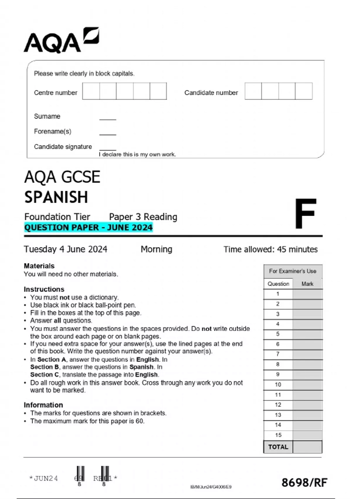 AQA GCSE SPANISH Foundation Tier Paper 3 Reading QUESTION PAPER - JUNE ...