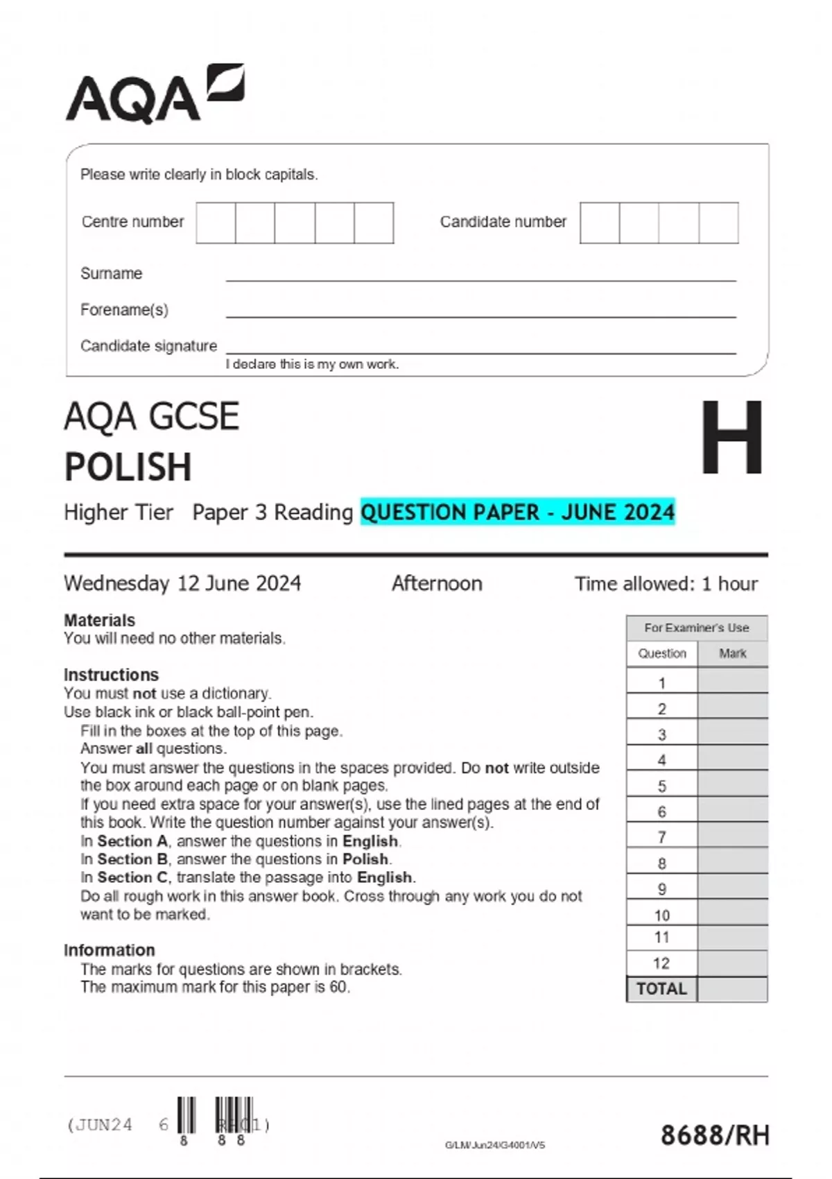 AQA GCSE POLISH HHigher Tier Paper 3 Reading QUESTION PAPER - JUNE 2024 ...