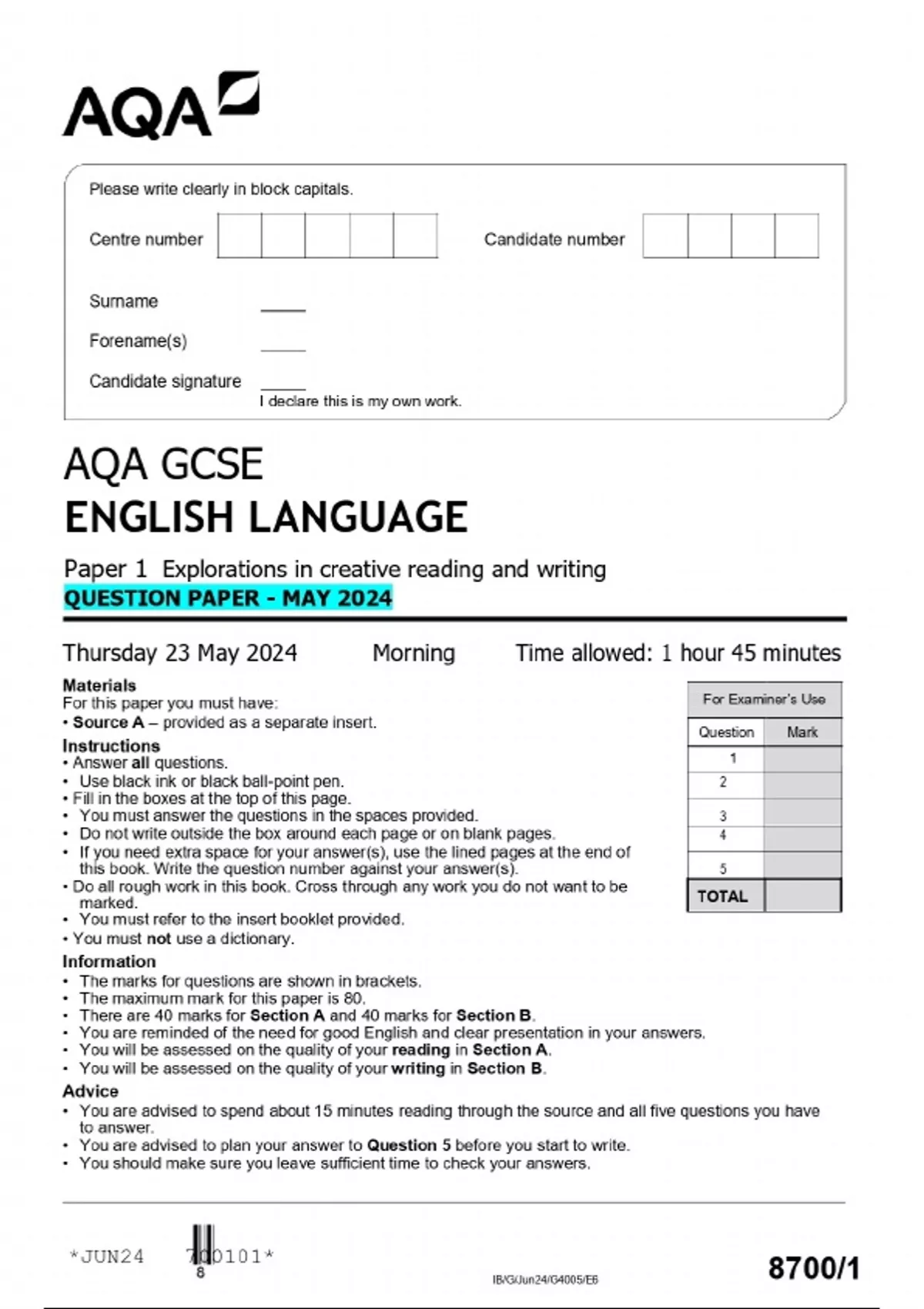 AQA GCSE ENGLISH LANGUAGE Paper 1 Explorations in creative reading and ...