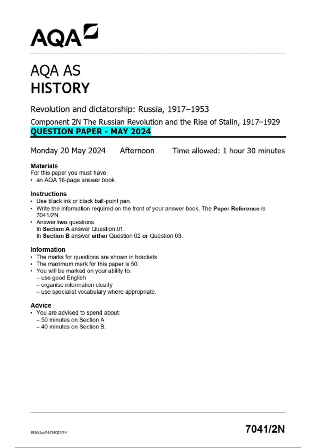 AQA AS HISTORY Revolution and dictatorship: Russia, 1917–1953 Component 2N The Russian ...