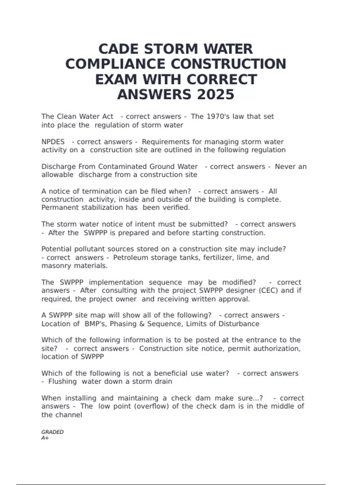CADE STORM WATER COMPLIANCE CONSTRUCTION EXAM WITH CORRECT ANSWERS 2025 ...