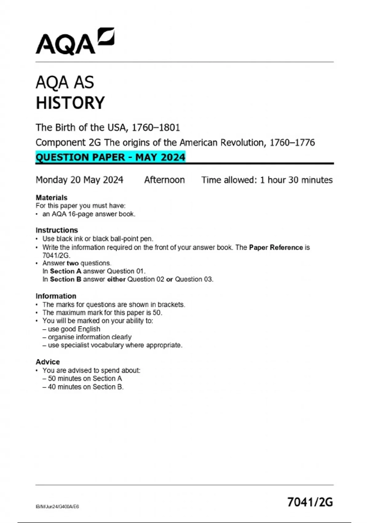 AQA AS HISTORY The Birth of the USA, 1760–1801 Component 2G The origins ...