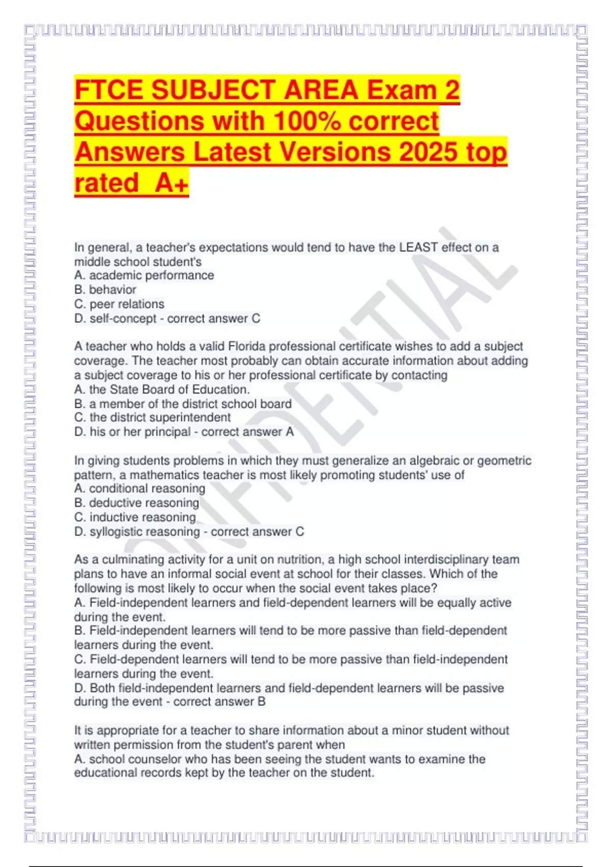 FTCE SUBJECT AREA Exam 2 Questions with 100- correct Answers Latest ...