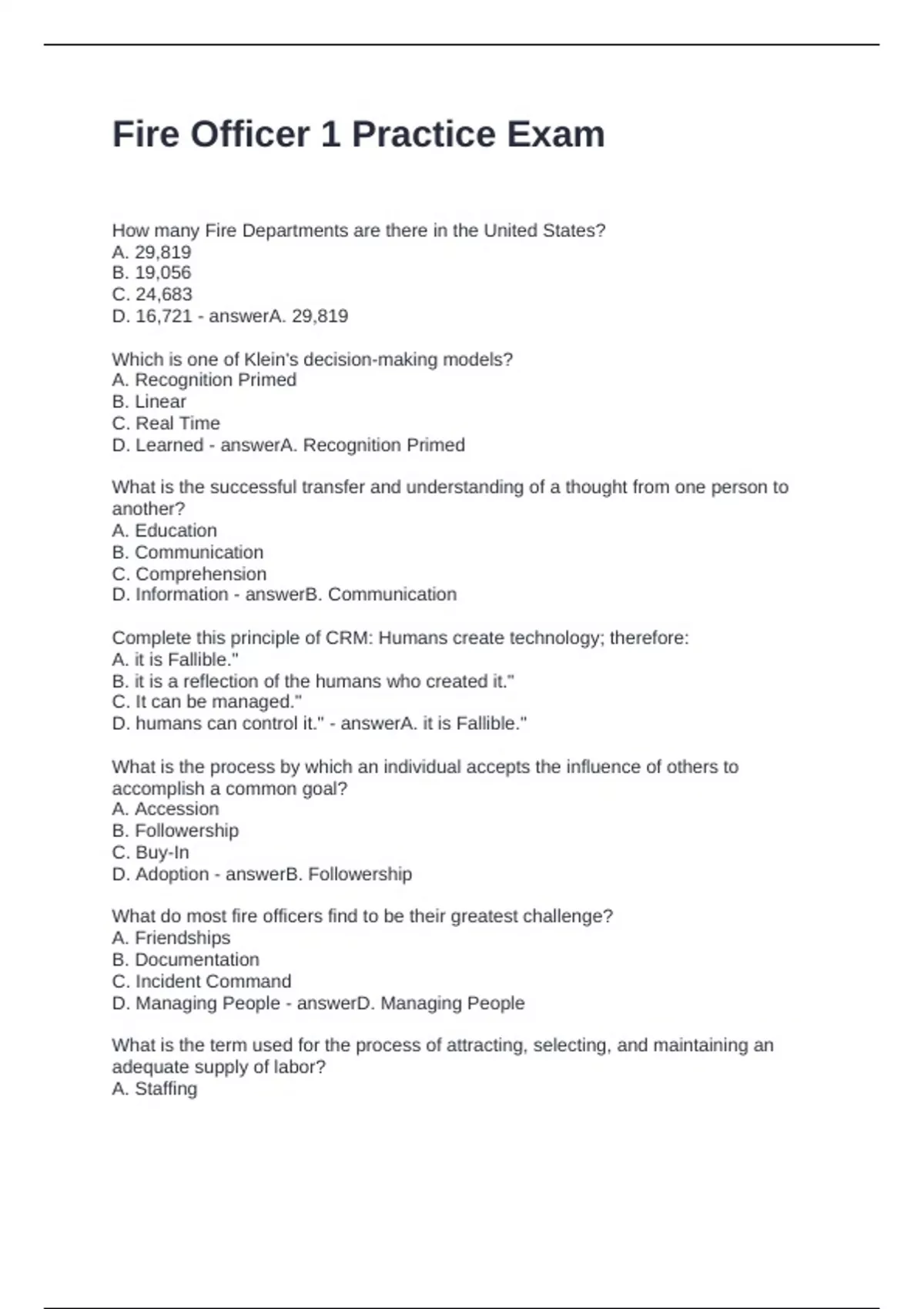 Fire Officer 1 Practice Exam Questions and Answers 100% Correct - Fire Officer - Stuvia US