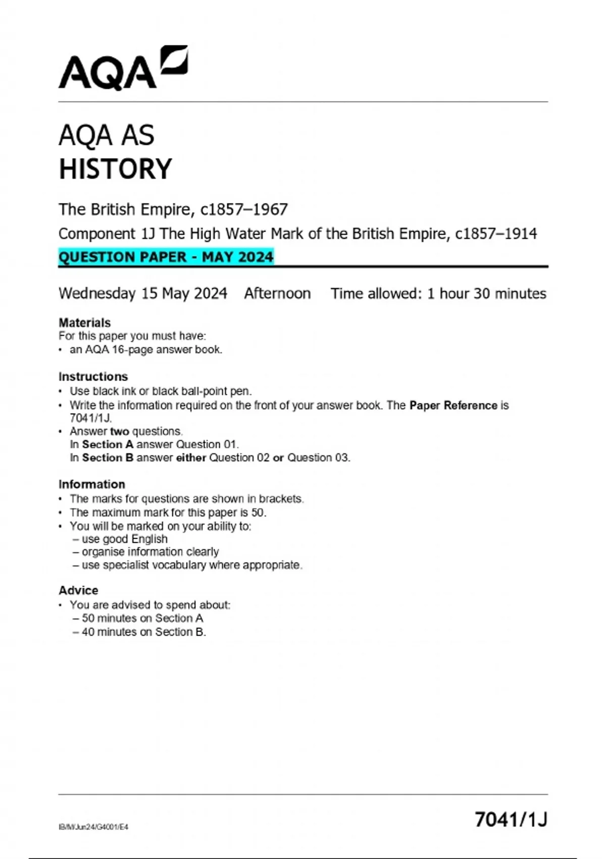 AQA AS HISTORY The British Empire, c1857–1967 Component 1J The High ...