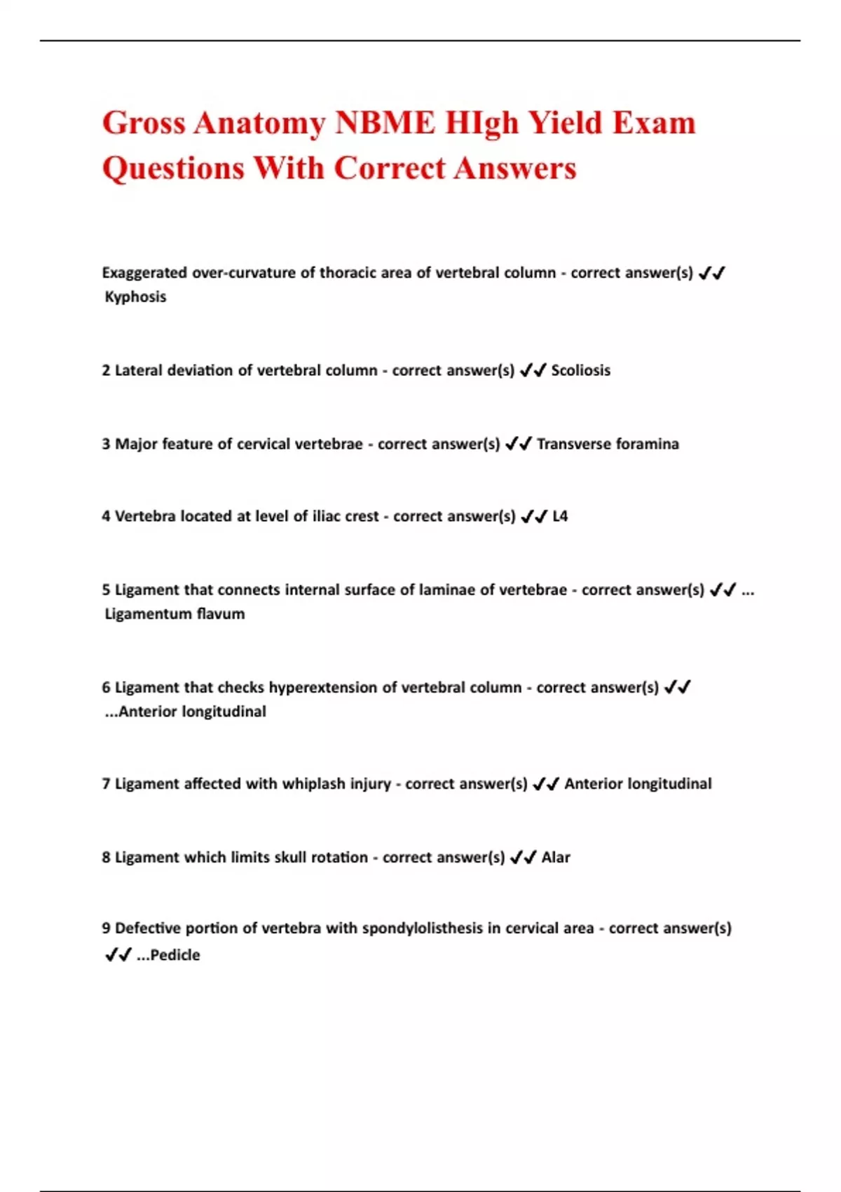 Gross Anatomy NBME HIgh Yield Exam Questions With Correct Answers ...