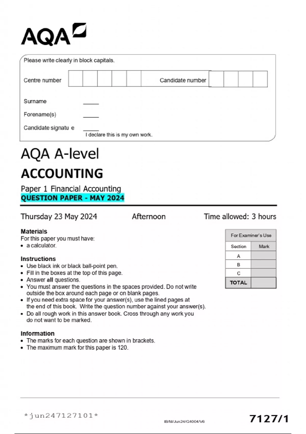 AQA A-level ACCOUNTING Paper 1 Financial Accounting QUESTION PAPER ...