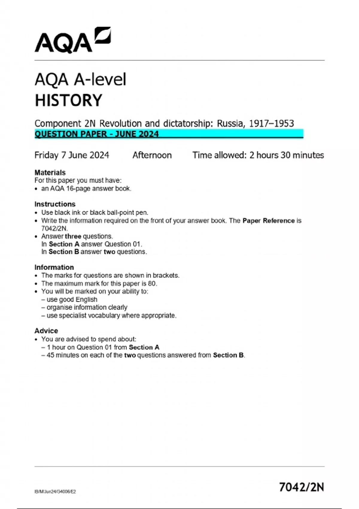 AQA A-level HISTORY Component 2N Revolution and dictatorship: Russia, 1917–1953 QUESTION PAPER ...