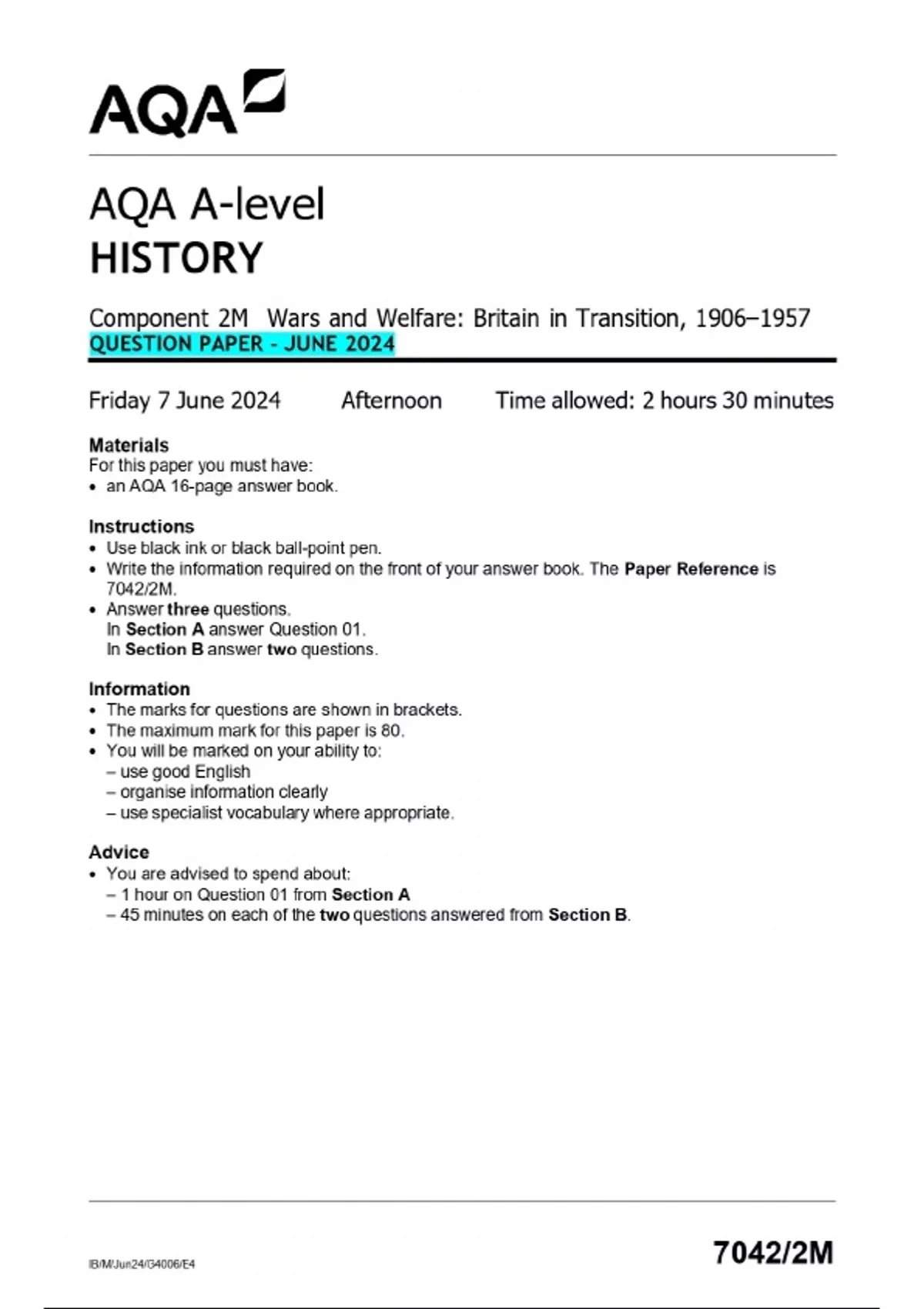 AQA A-level HISTORY Component 2M Wars and Welfare: Britain in ...