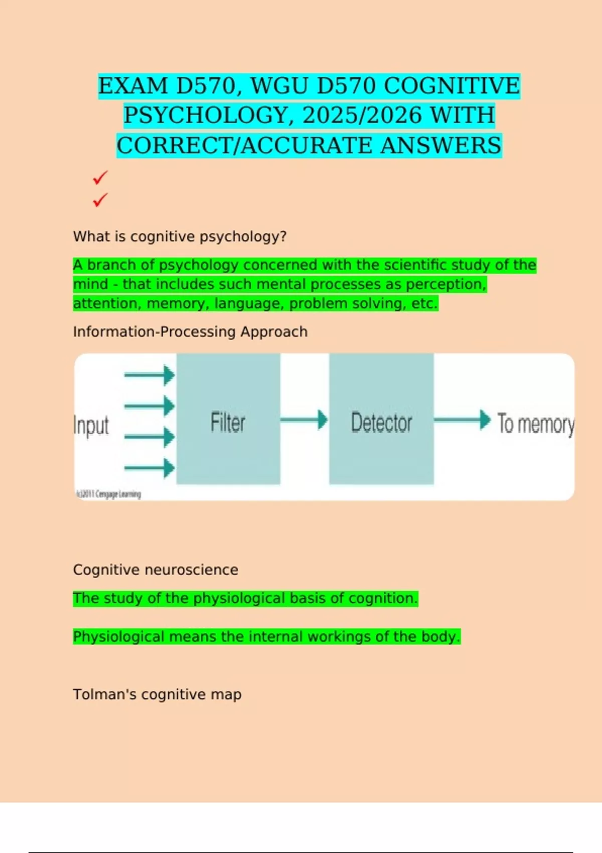 EXAM D570, WGU D570 COGNITIVE PSYCHOLOGY, 2025/2026 WITH CORRECT ...