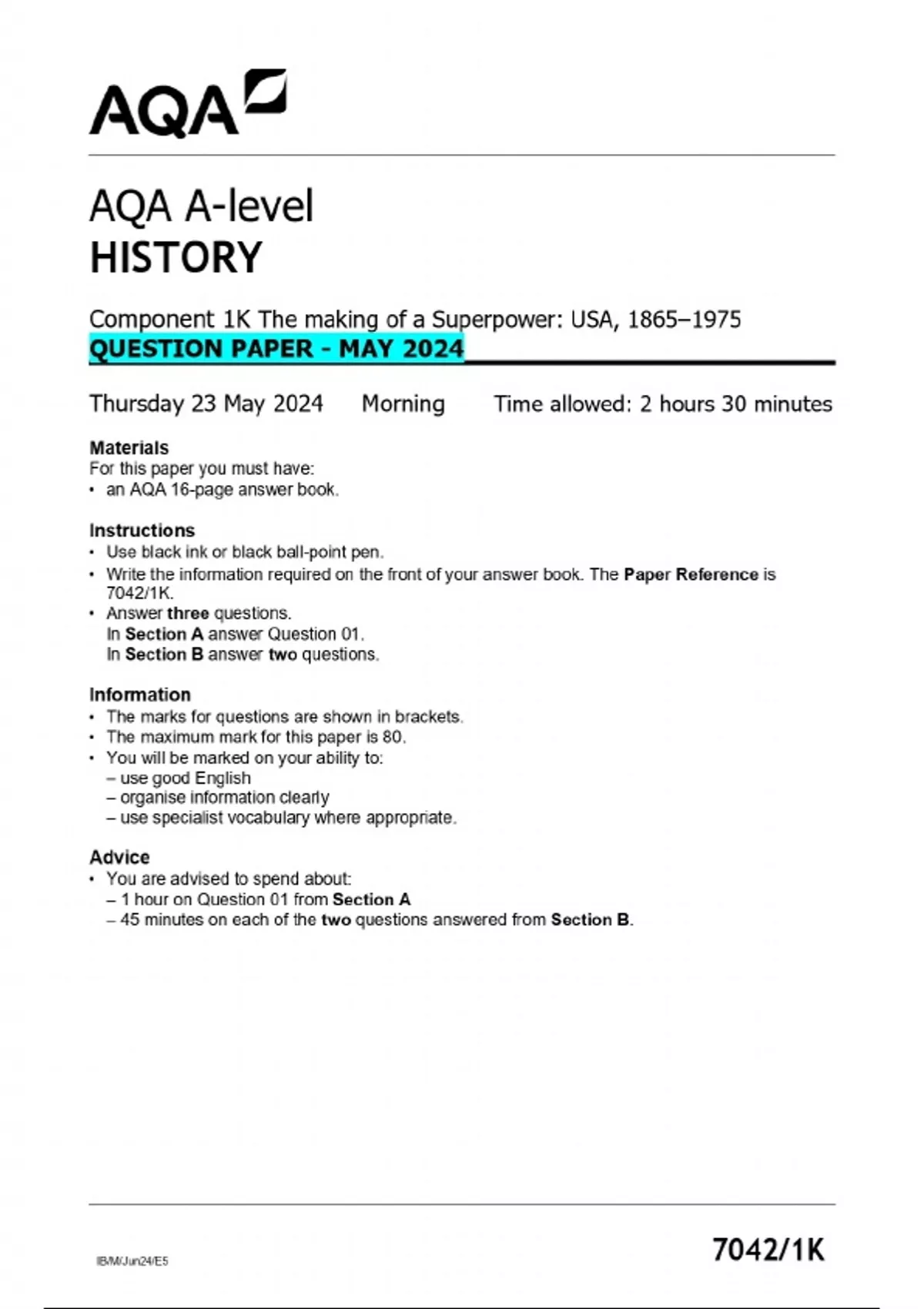 AQA A-level HISTORY Component 1K The making of a Superpower: USA, 1865 ...