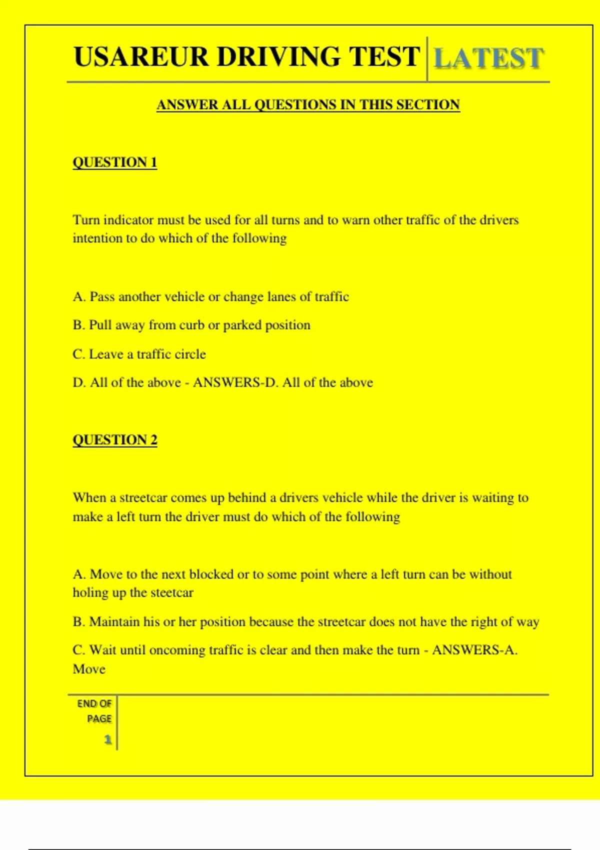 USAREUR Driving Test – Updated Multiple-Choice and True/False Questions ...