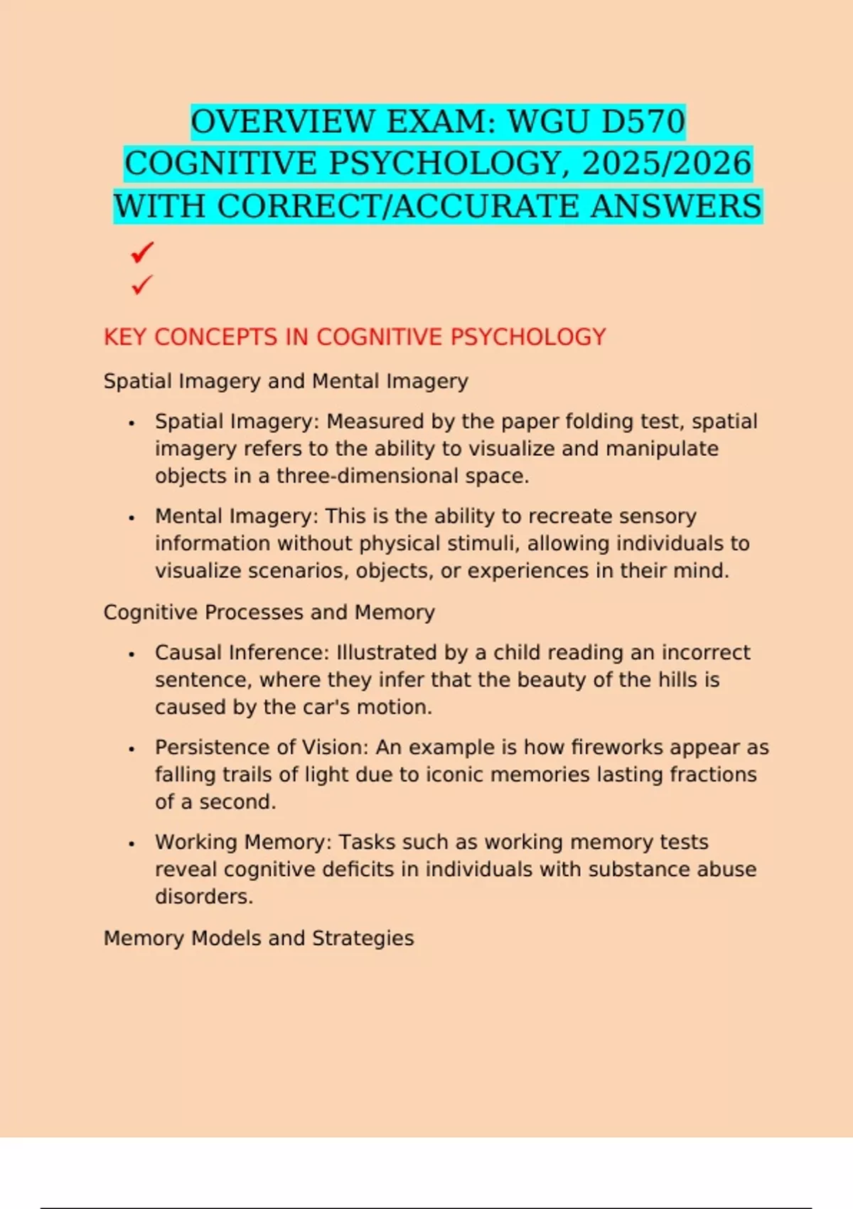 OVERVIEW EXAM: WGU D570 COGNITIVE PSYCHOLOGY, 2025/2026 WITH CORRECT ...