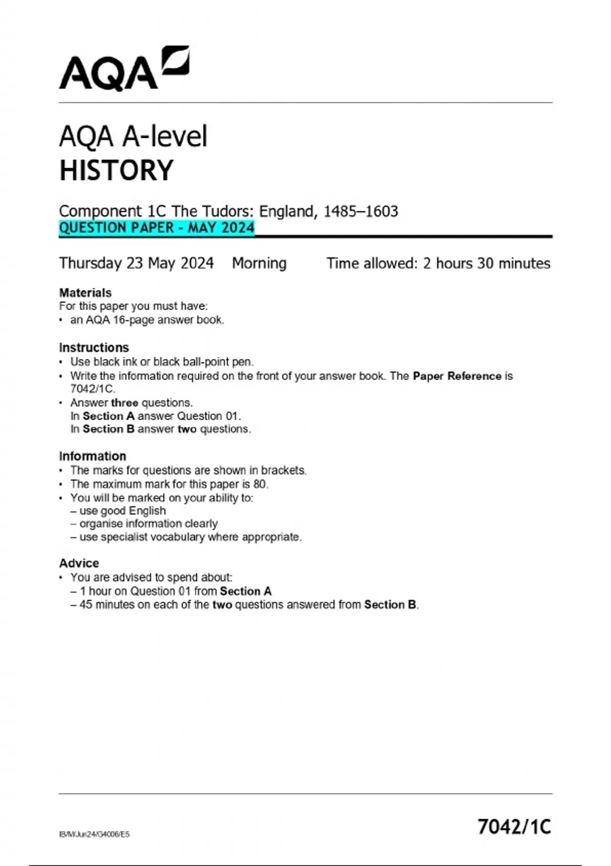 AQA A-level HISTORY Component 1C The Tudors: England, 1485–1603 ...