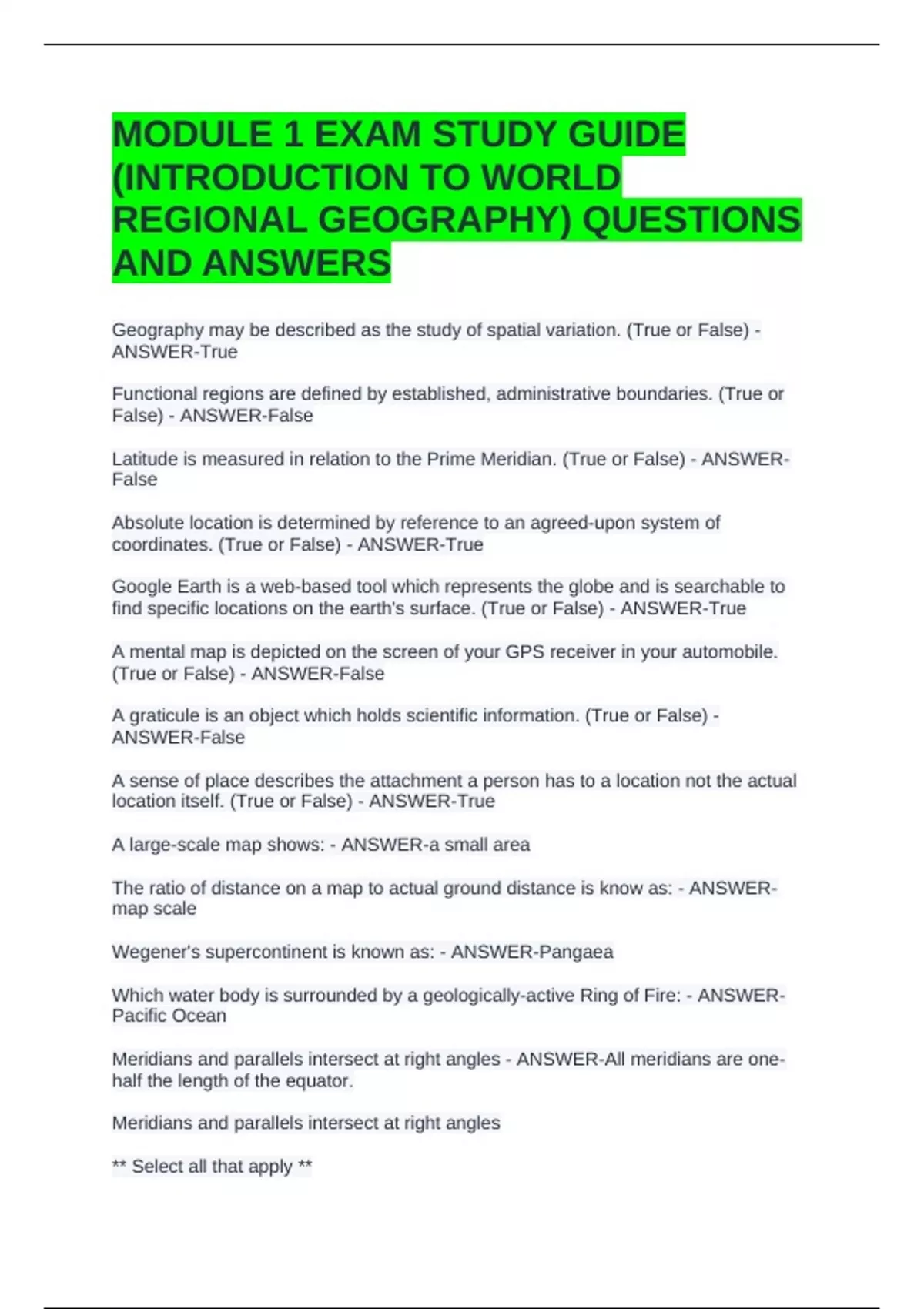WORLD REGIONAL GEOGRAPHY EXAM QUESTIONS AND ANSWERS BUNDLE PACKAGE ...