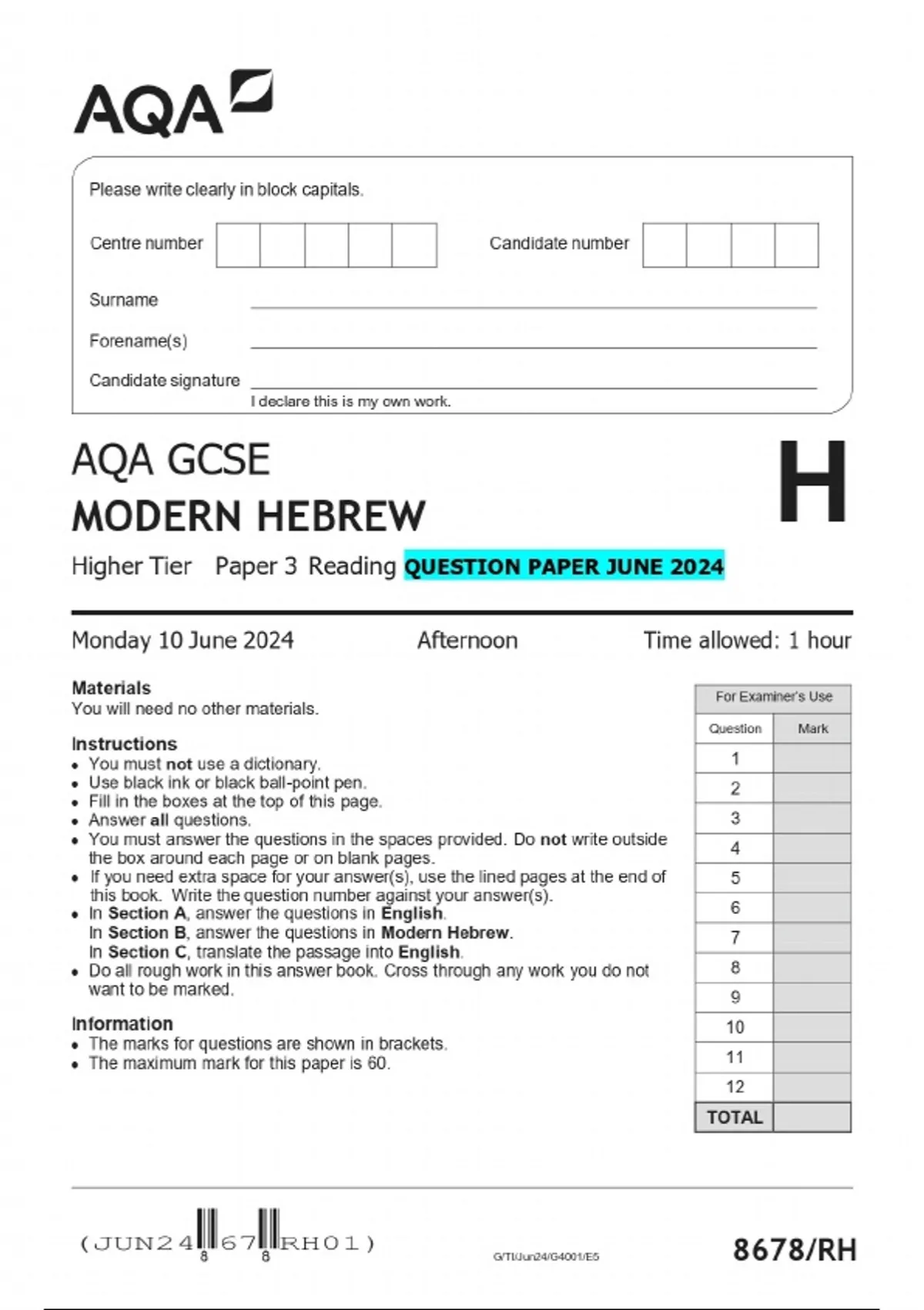 AQA GCSE MODERN HEBREW Higher Tier Paper 3 Reading QUESTION PAPER JUNE ...