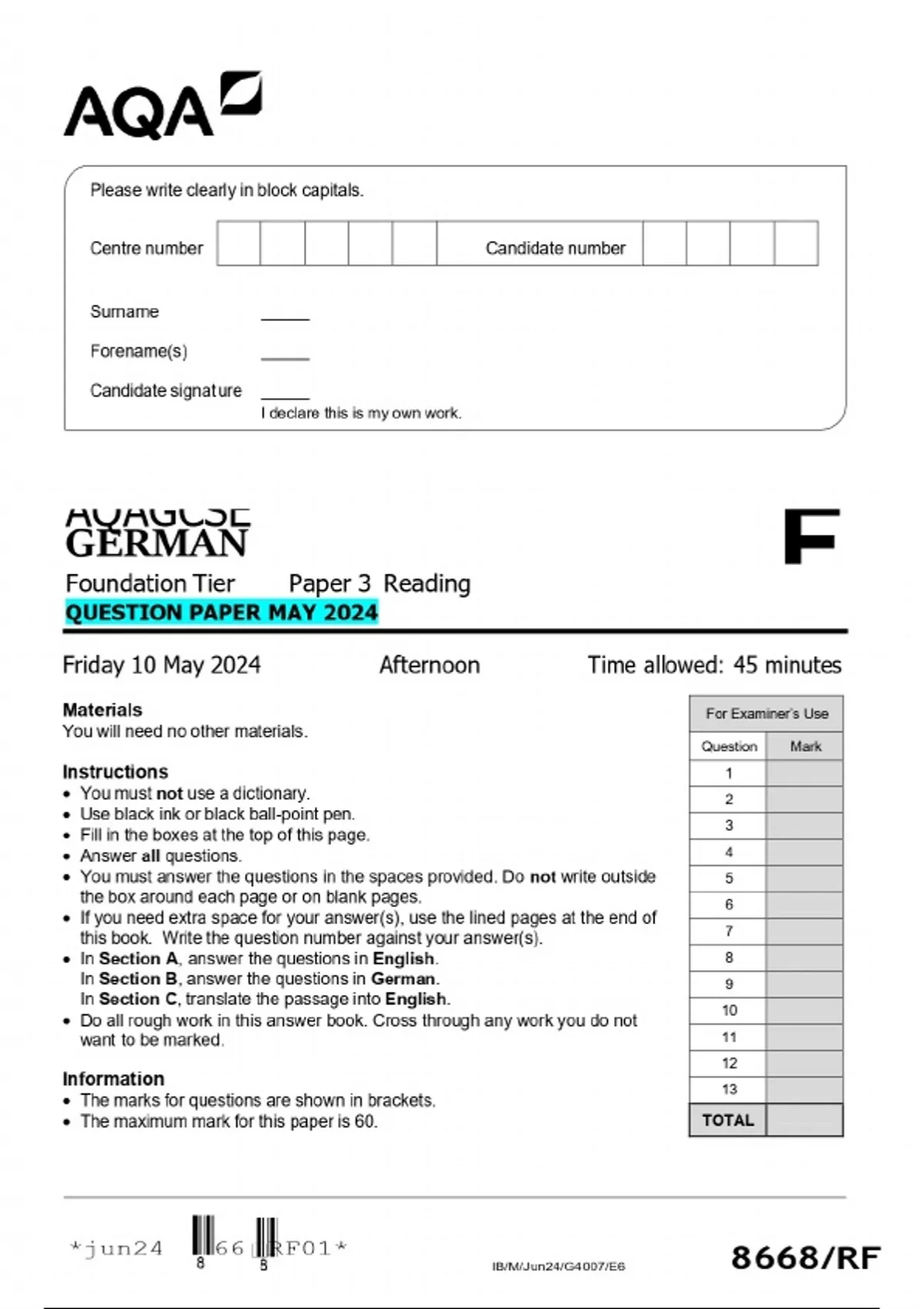 AQAGCSE FGERMAN Foundation Tier Paper 3 Reading QUESTION PAPER MAY 2024 ...