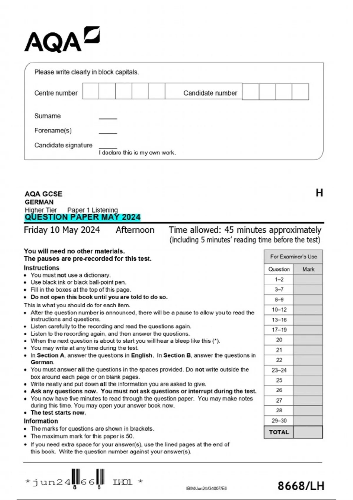 AQA GCSE H GERMAN Higher Tier Paper 1 Listening QUESTION PAPER MAY 2024 ...
