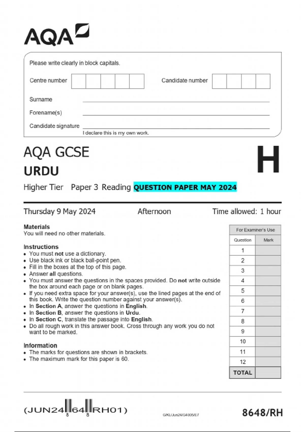 AQA GCSE URDU Higher Tier Paper 3 Reading QUESTION PAPER MAY 2024 - AQA ...