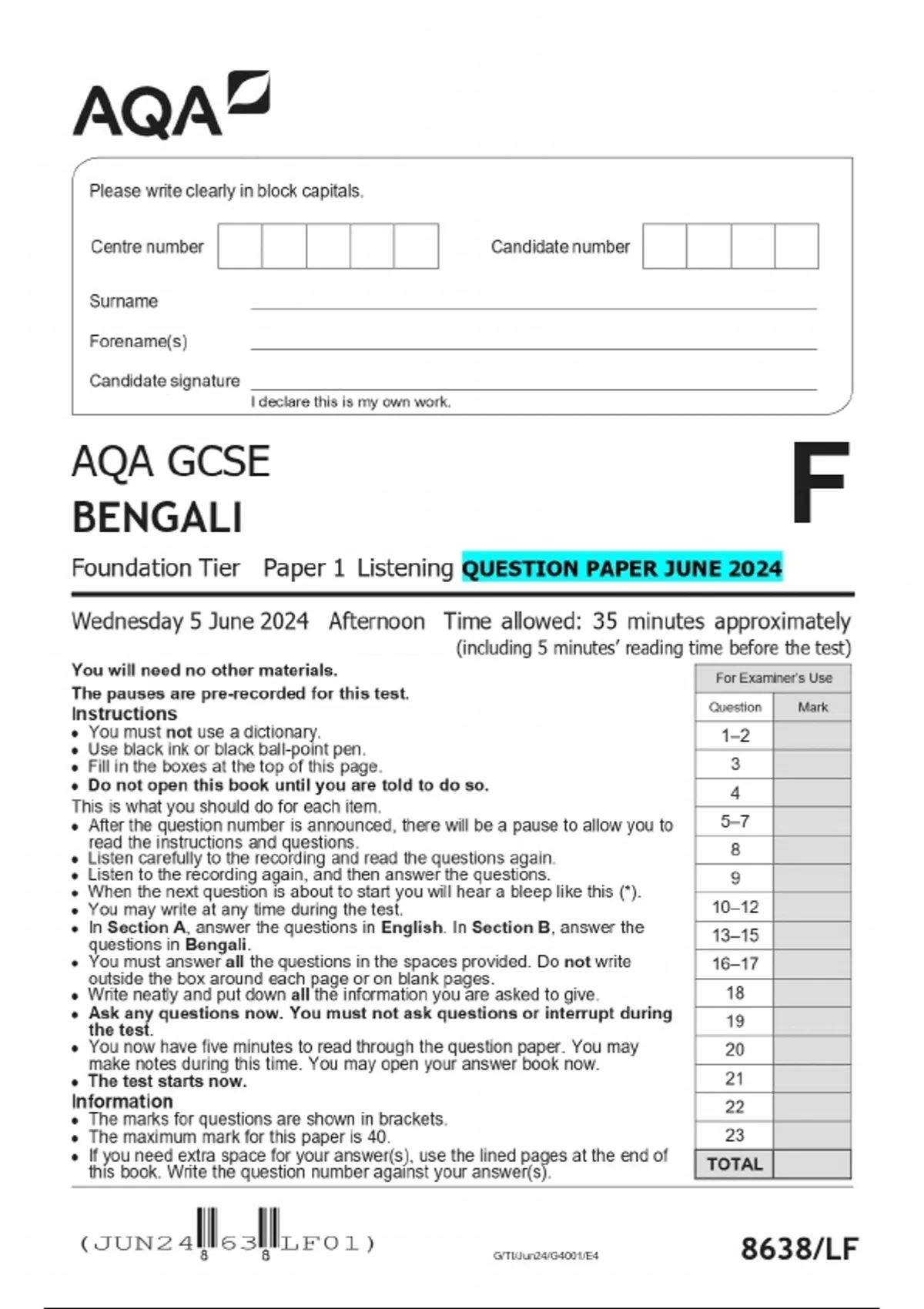 AQA GCSE BENGALI Foundation Tier Paper 1 Listening QUESTION PAPER JUNE ...