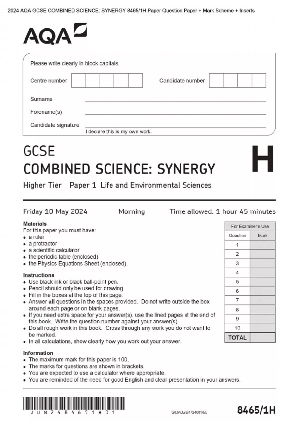2024 AQA GCSE COMBINED SCIENCE: SYNERGY 8465/1H Paper Question Paper ...