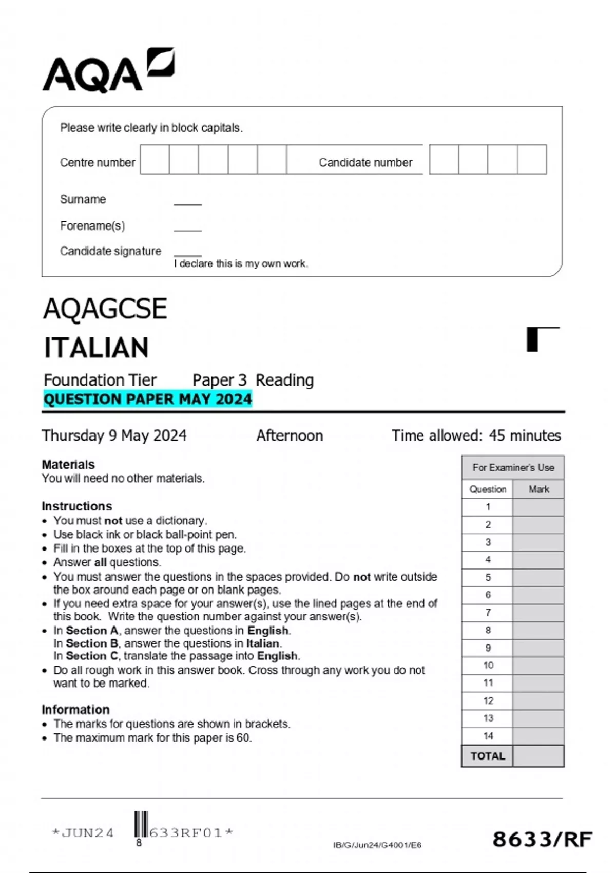 AQA GCSE ITALIAN FFoundation Tier Paper 3 Reading QUESTION PAPER MAY ...