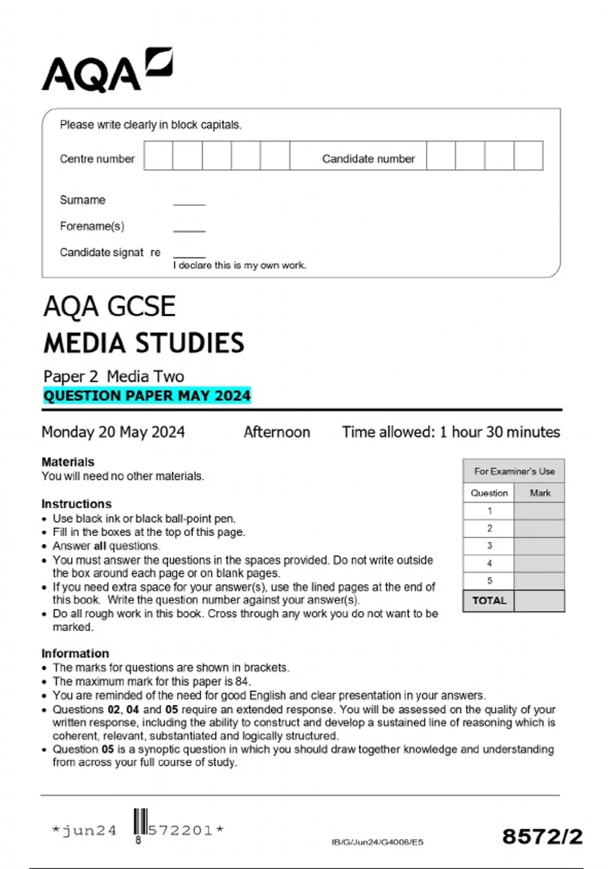 AQA GCSE MEDIA STUDIES Paper 2 Media Two QUESTION PAPER MAY 2024 - AQA ...