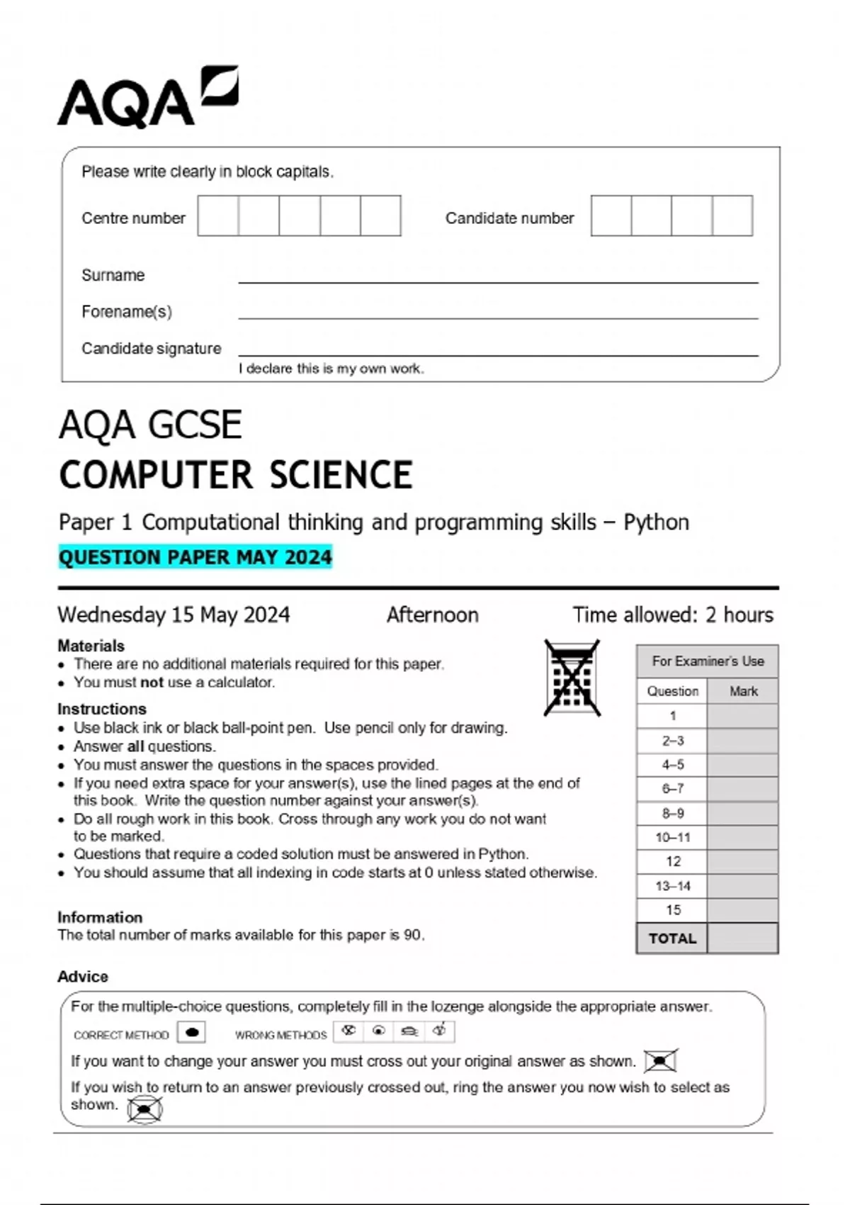 AQA GCSE COMPUTER SCIENCE Paper 1 Computational thinking and programming skills – Python ...