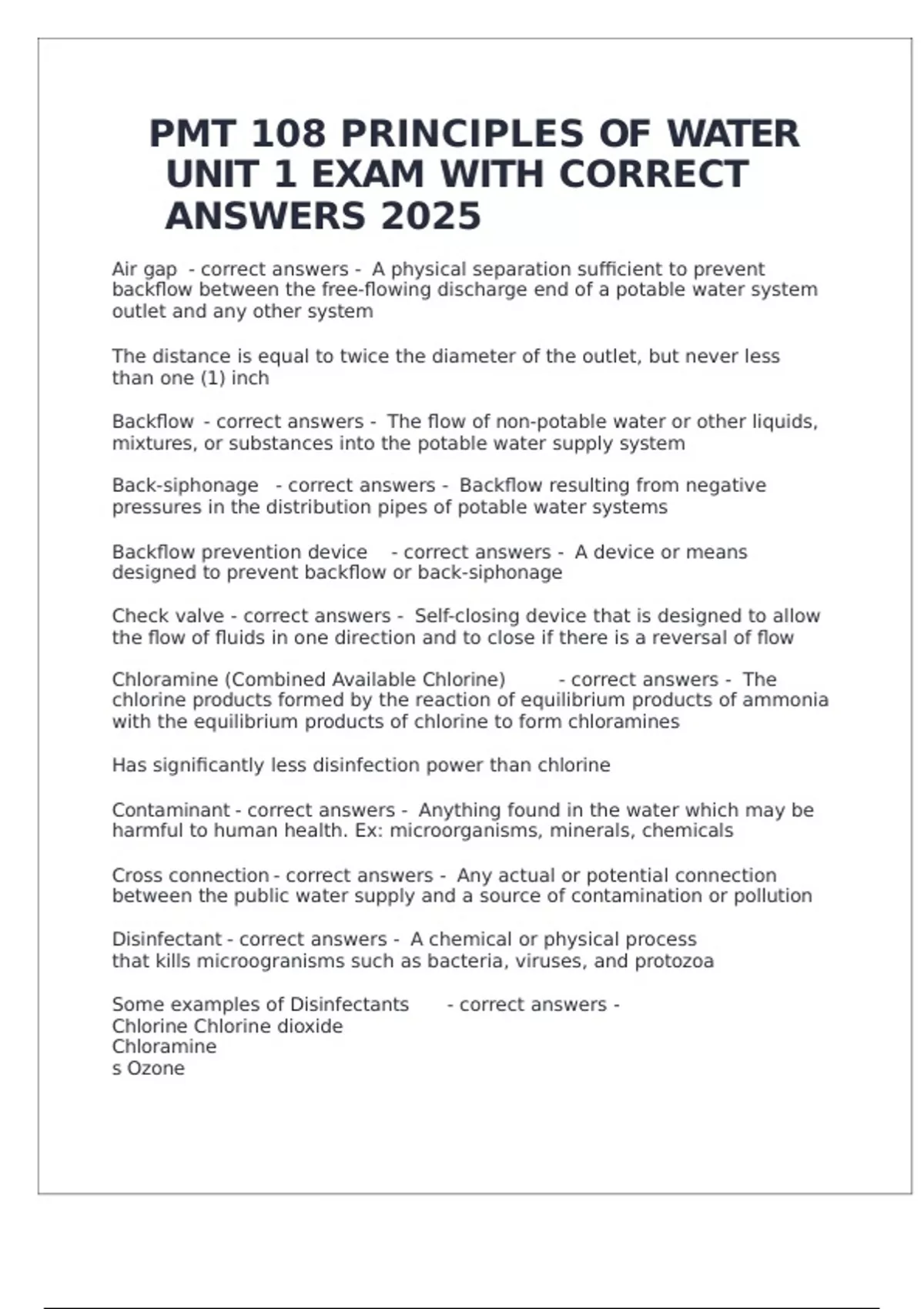 PMT 108 PRINCIPLES OF WATER UNIT 1 EXAM WITH CORRECT ANSWERS 2025 - PMT 108 PRINCIPLES OF WATER ...