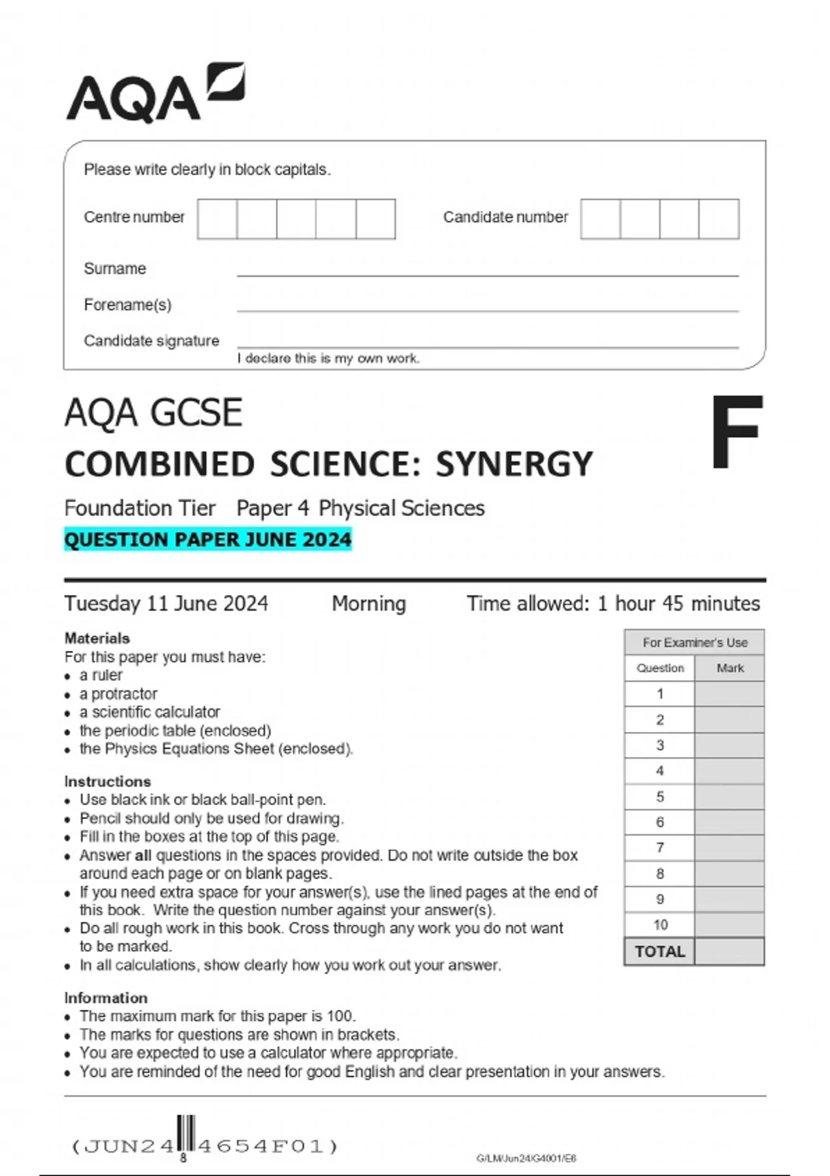 AQA GCSE COMBINED SCIENCE: SYNERGY Foundation Tier Paper 4 Physical ...
