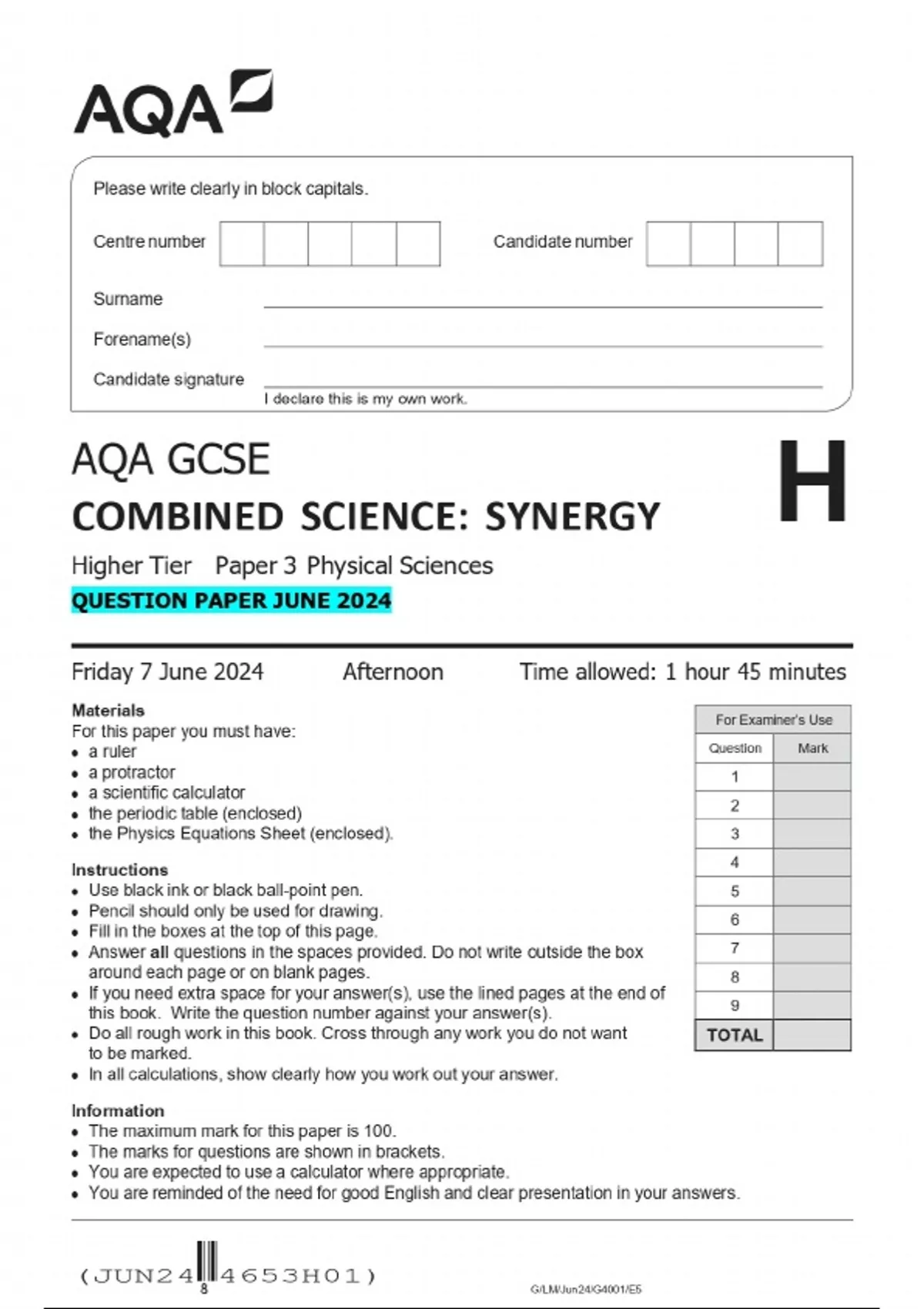 AQA GCSE COMBINED SCIENCE: SYNERGY Higher Tier Paper 3 Physical ...