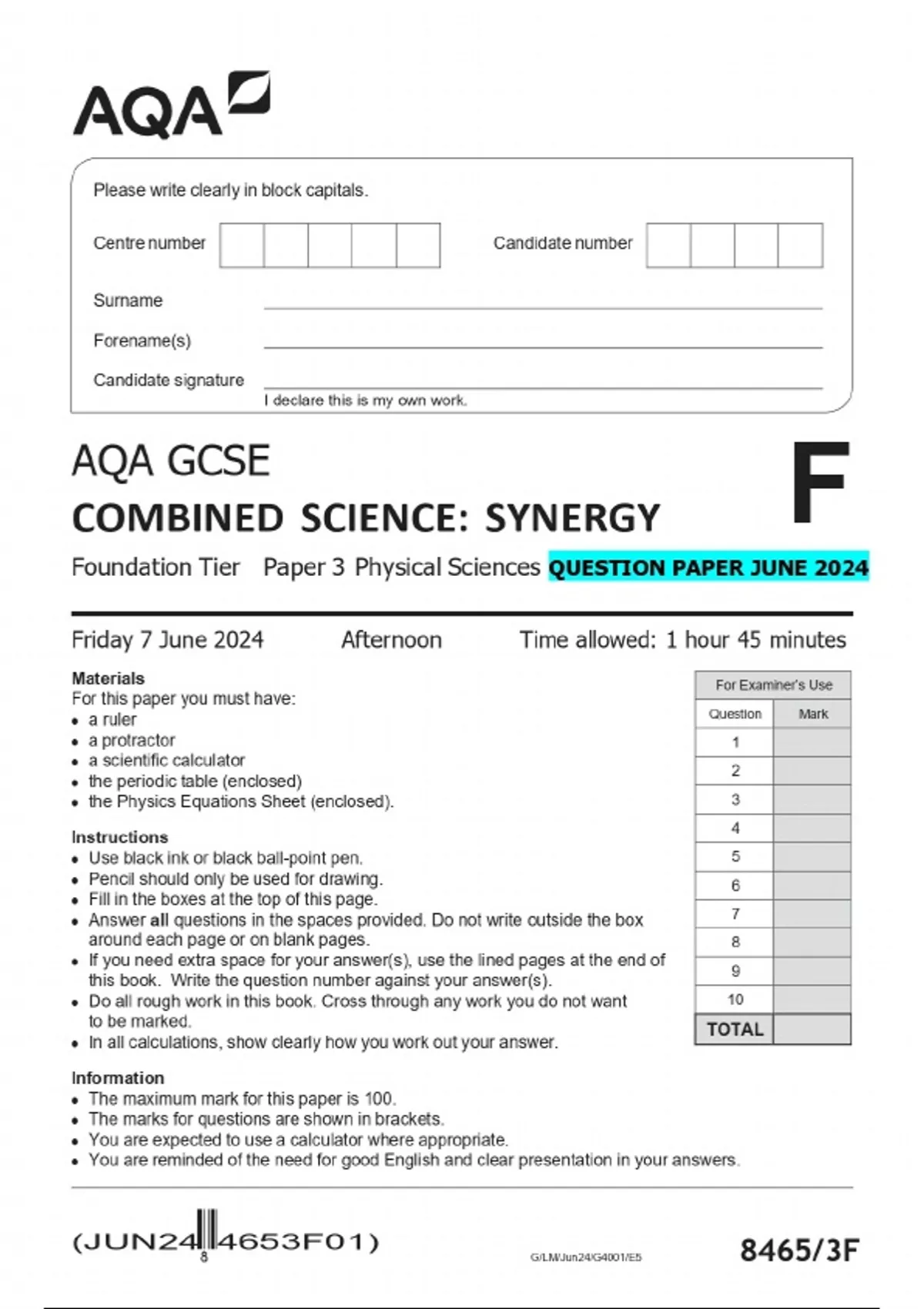 AQA GCSE COMBINED SCIENCE: SYNERGY Foundation Tier Paper 3 Physical ...