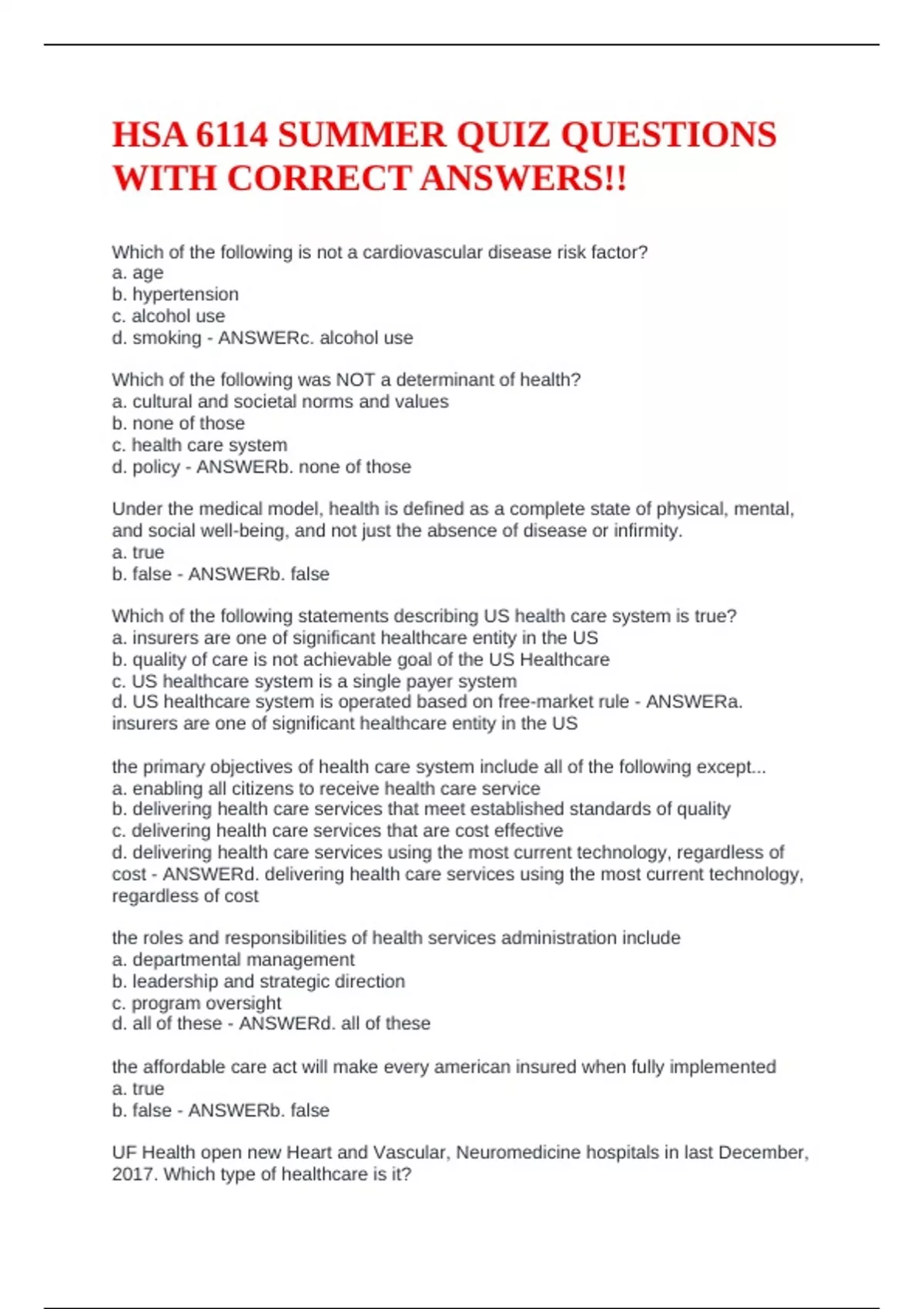 HSA 6114 SUMMER QUIZ QUESTIONS WITH CORRECT ANSWERS!! - HSA 6114 SUMMER ...