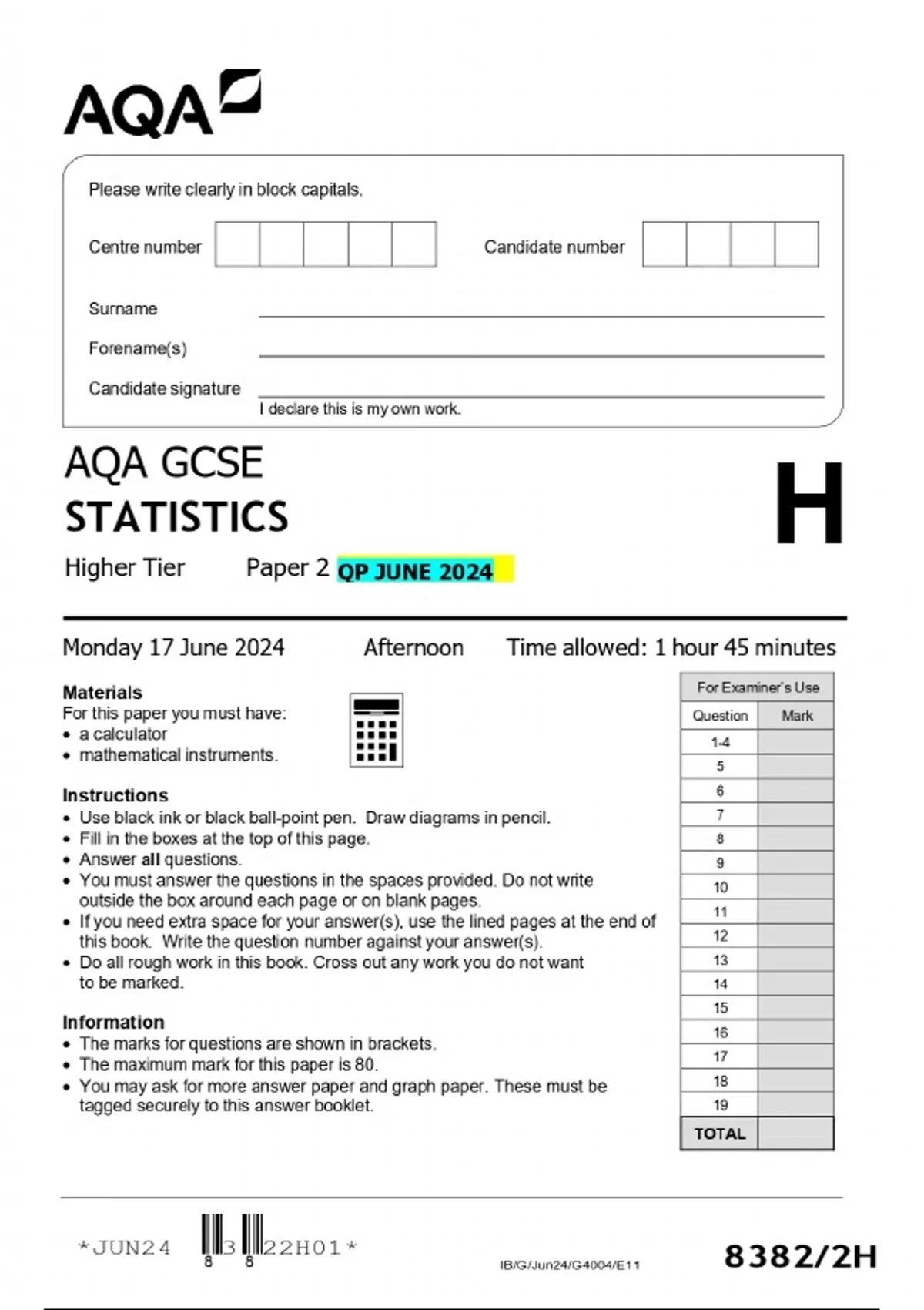 AQA GCSE STATISTICS Higher Tier Paper 2 QUESTION PAPER JUNE 2024 - AQA ...