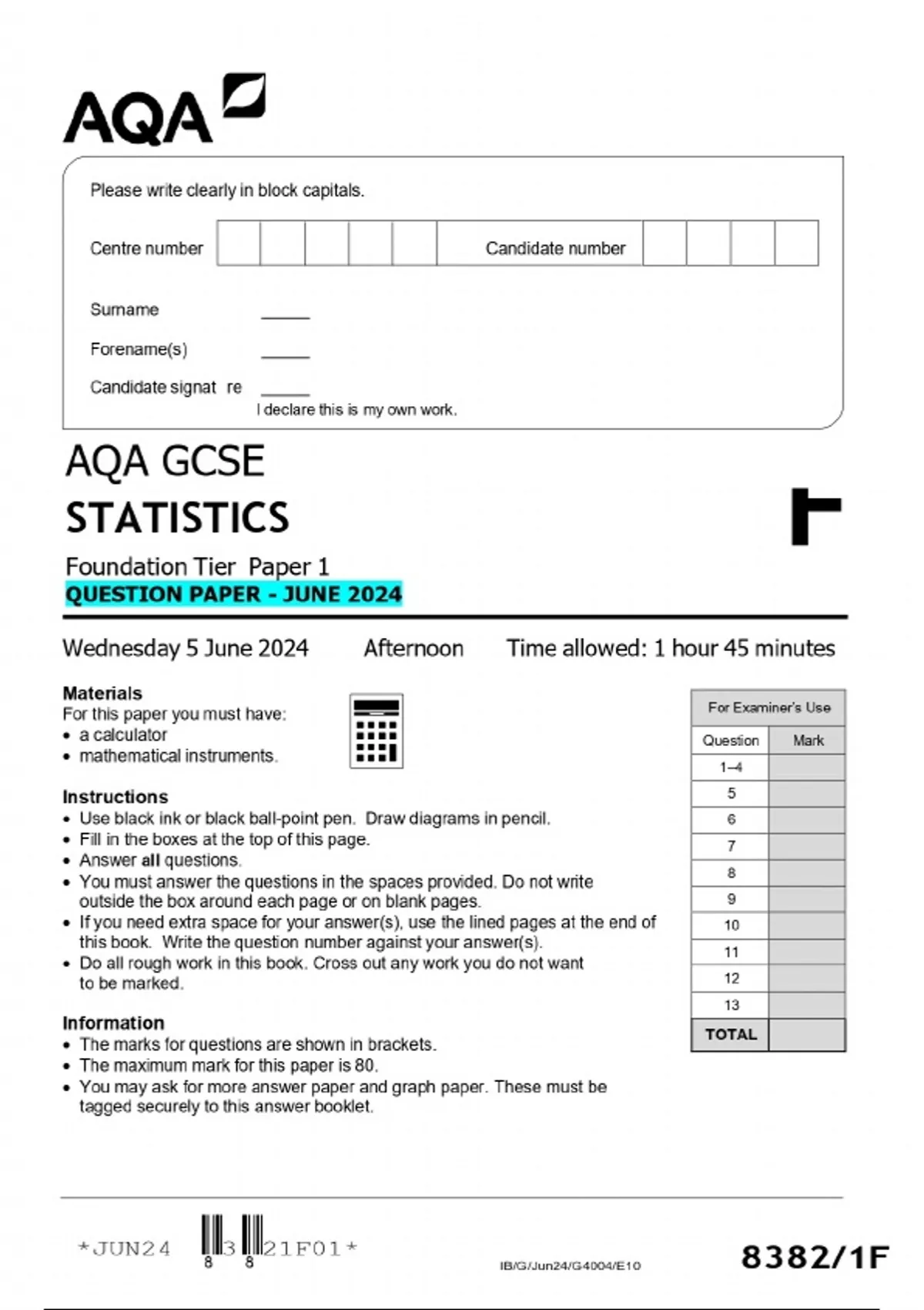 AQA GCSE STATISTICS FFoundation Tier Paper 1 QUESTION PAPER - JUNE 2024 - AQA - Stuvia US