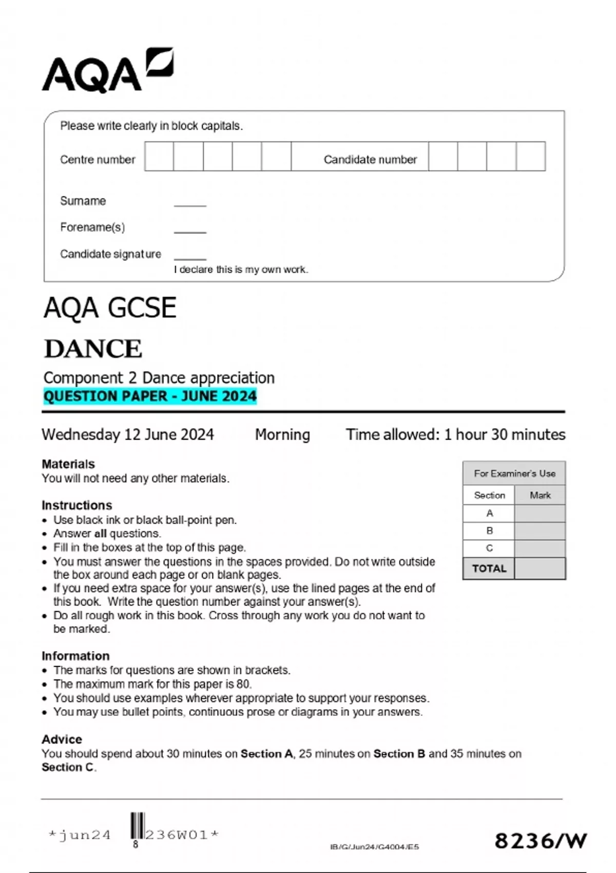 AQA GCSE DANCE Component 2 Dance appreciation QUESTION PAPER - JUNE ...