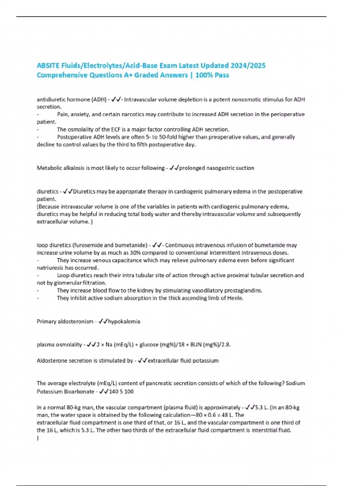 ABSITE Fluids/Electrolytes/Acid-Base Exam Latest Updated 2024/2025 ...