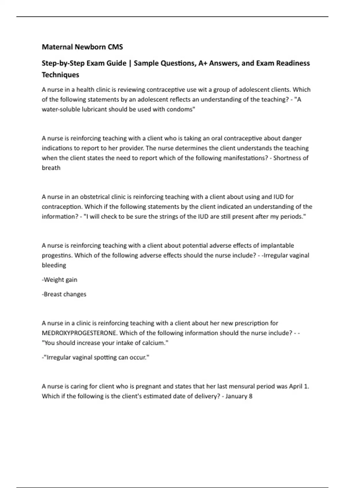 Maternal Newborn CMS.Step-by-Step Exam Guide | Sample Questions, A+ ...