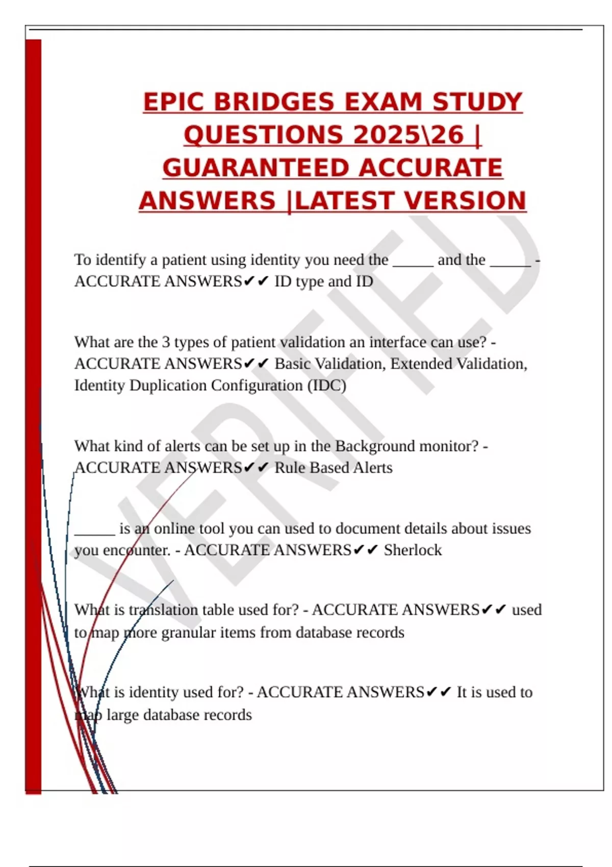 EPIC BRIDGES EXAM STUDY QUESTIONS 202526 |GUARANTEED ACCURATE ANSWERS ...