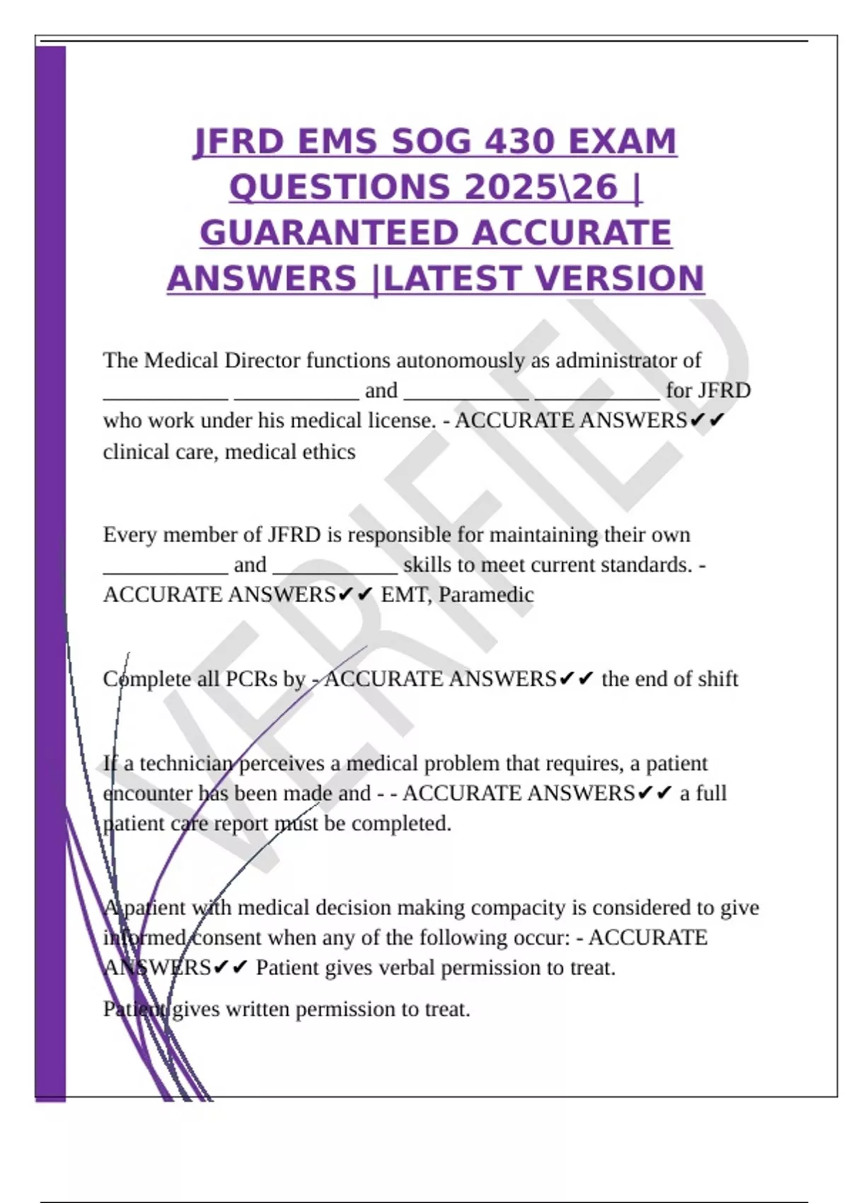 JFRD EMS SOG 430 EXAM QUESTIONS 202526 |GUARANTEED ACCURATE ANSWERS ...