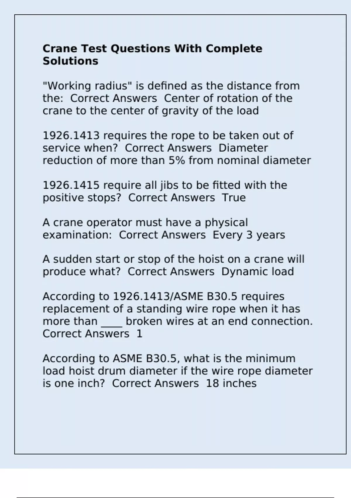 Crane Test Questions With Complete Solutions - Crane - Stuvia US