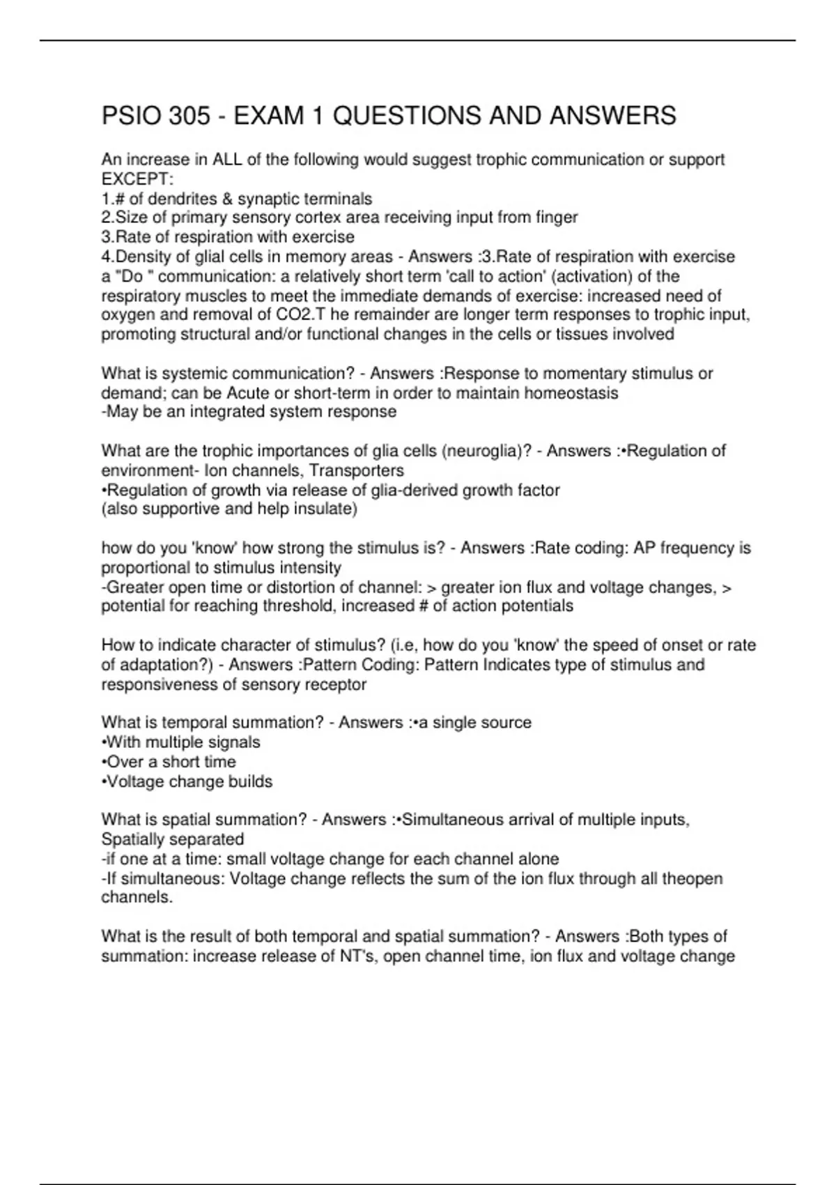 PSIO 305 - EXAM 1 QUESTIONS AND ANSWERS - PSIO 305 - Stuvia US